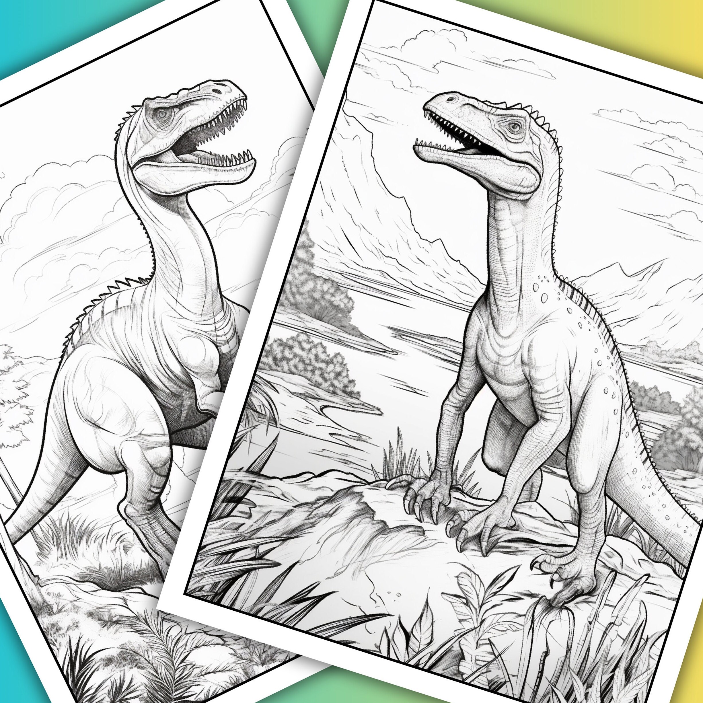 50 Printable Dinosaur Coloring Pages, Grayscale Coloring Book ...