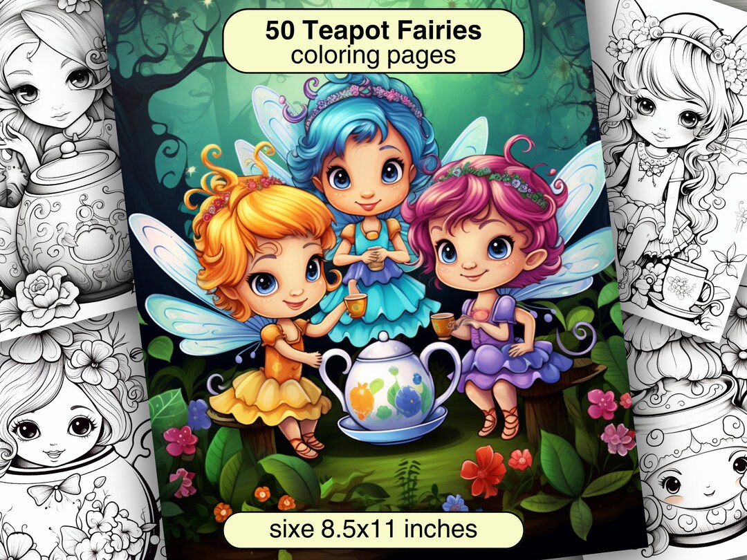 50 Grayscale Teapot Fairies Coloring Pages, Printable Kids Adults Book ...