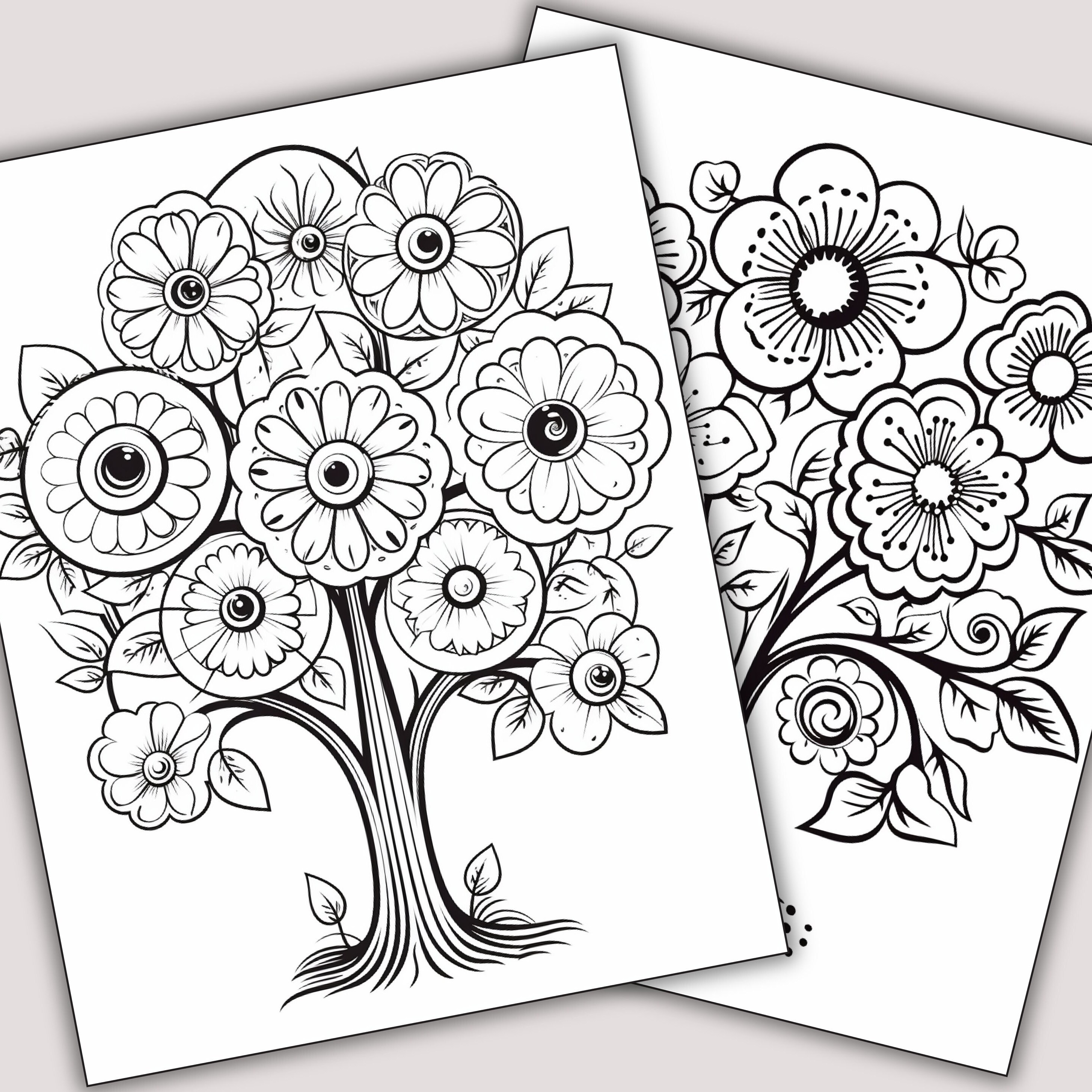 50 Floral Tree Coloring Pages, Printable Fantasy Tree, Grayscale ...