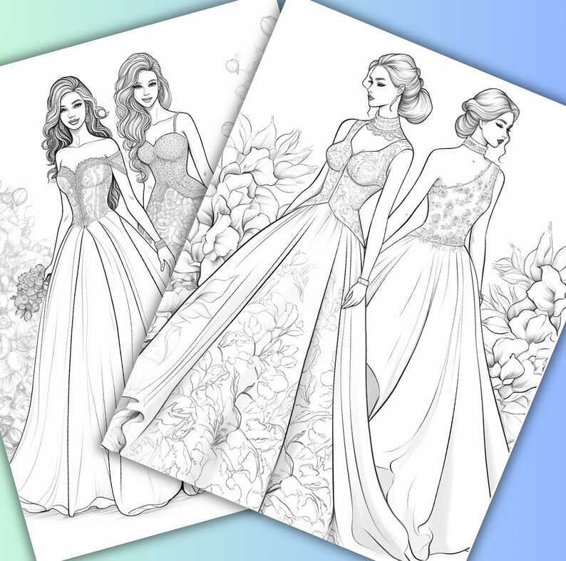50 Floral Dresses Coloring Pages, Grayscale Formal Dresses Coloring ...