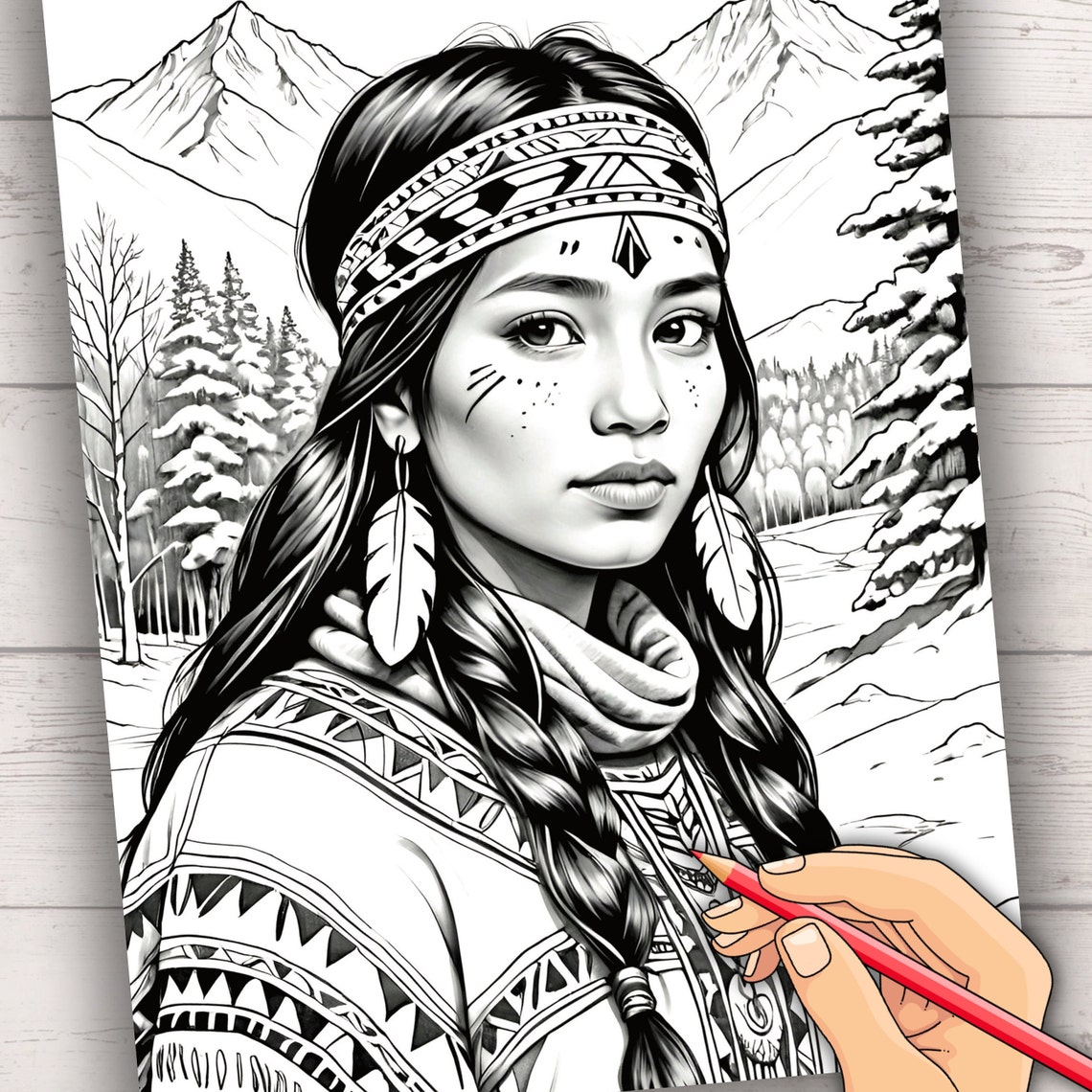 37 Native American Woman Coloring Pages, Printable Grayscale Portraits ...