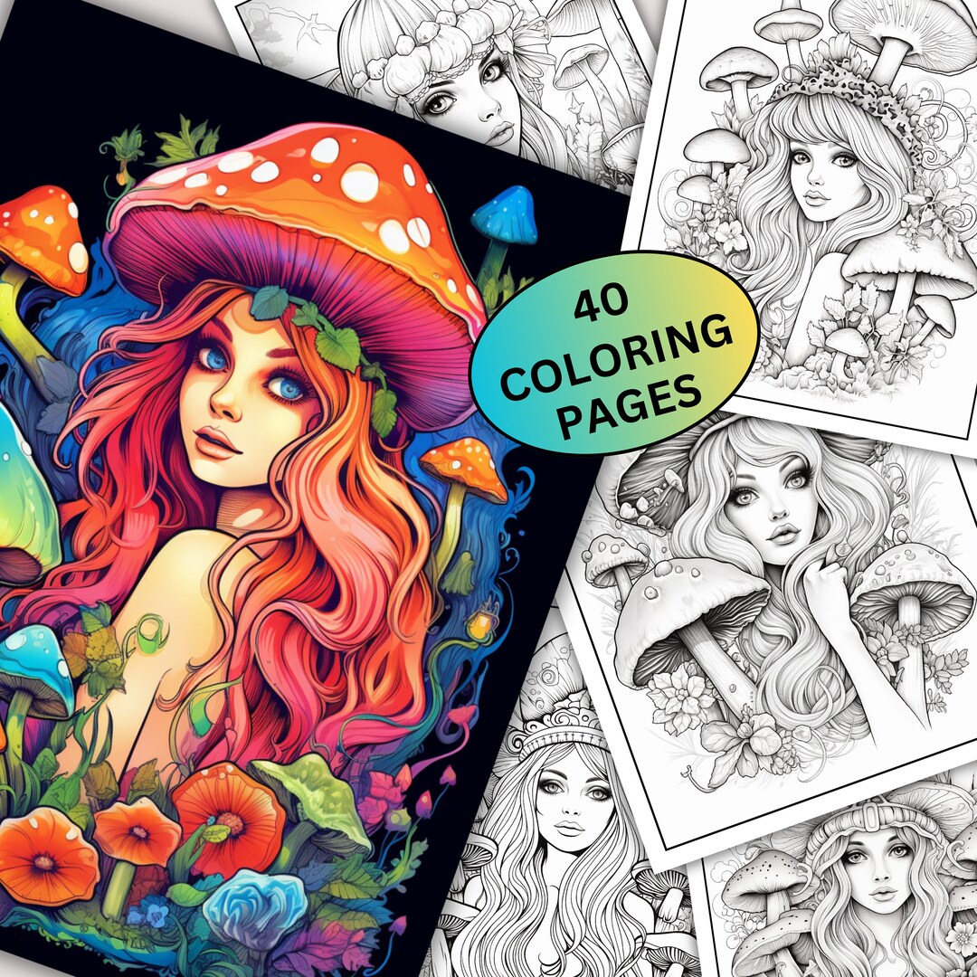 40 Grayscale Mushroom Fairy Coloring Pages, Printable Fungi Floral ...