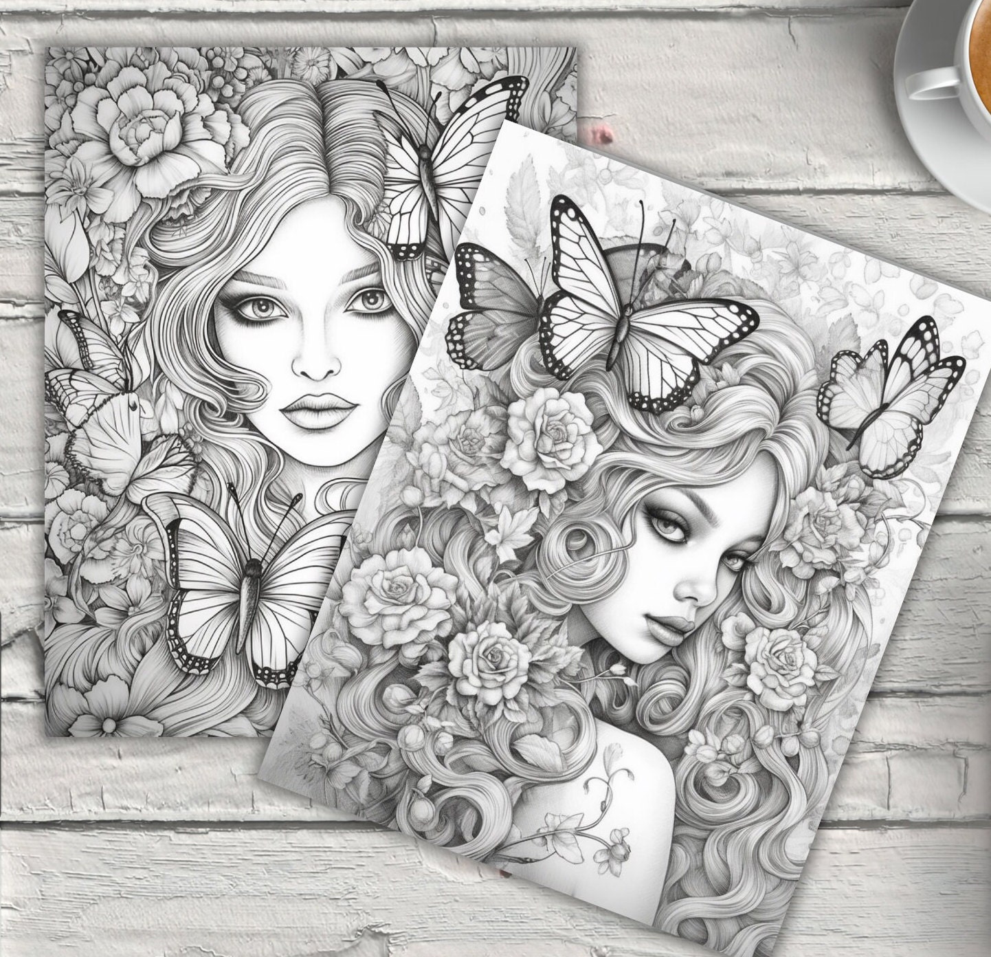 50 Printable Grayscale Butterflies Women Coloring Pages, Relaxing ...