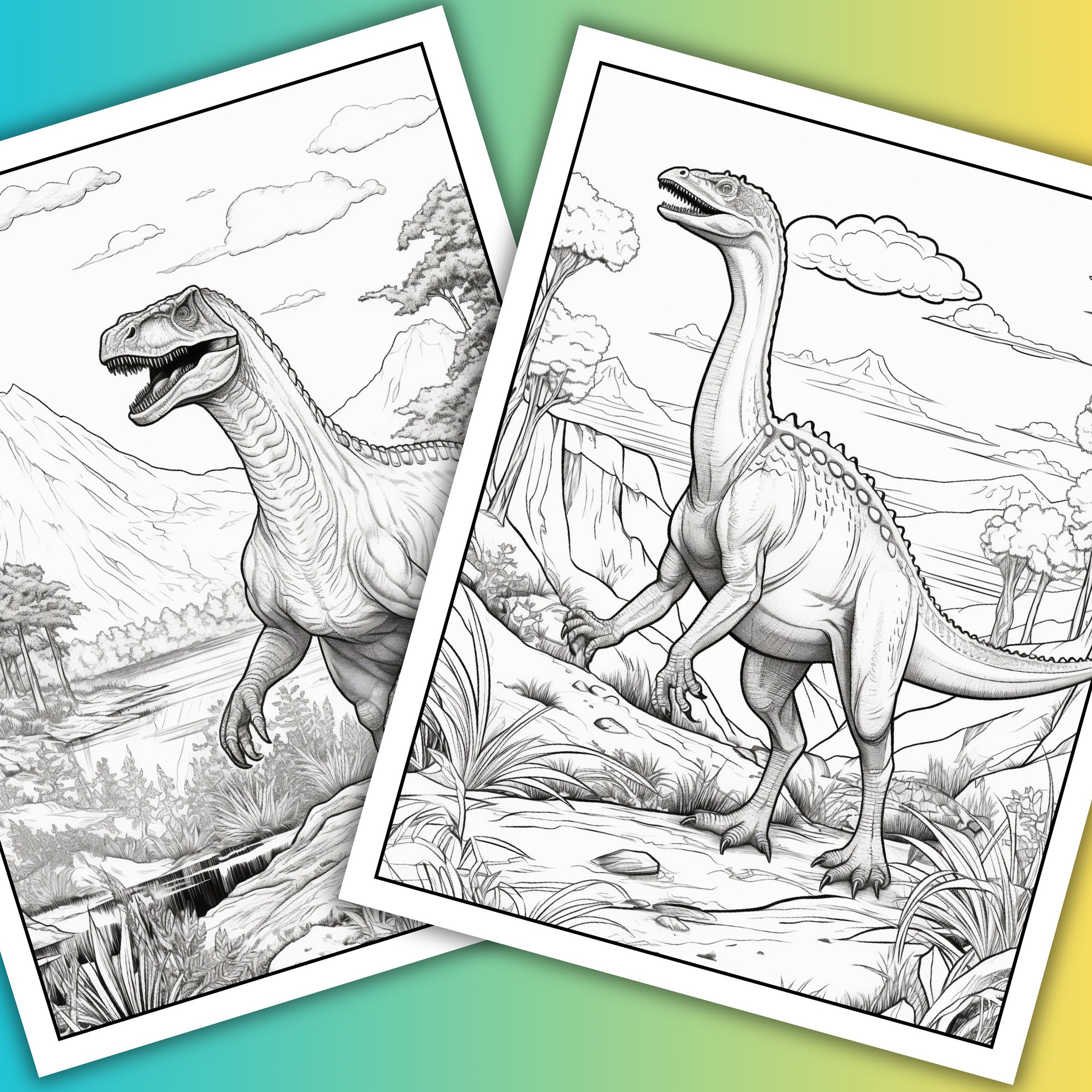 50 Printable Dinosaur Coloring Pages, Grayscale Coloring Book ...