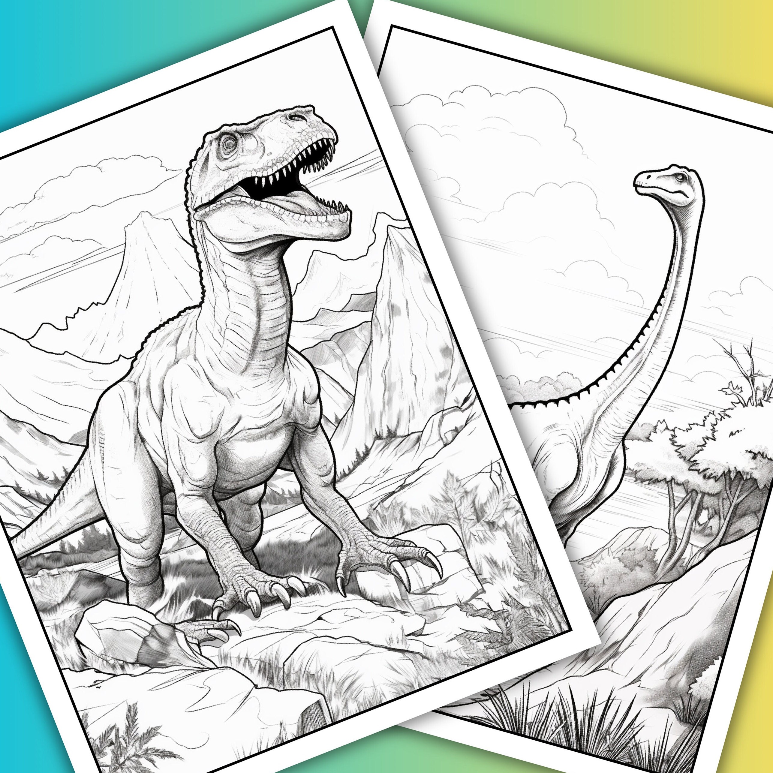 50 Printable Dinosaur Coloring Pages, Grayscale Coloring Book ...