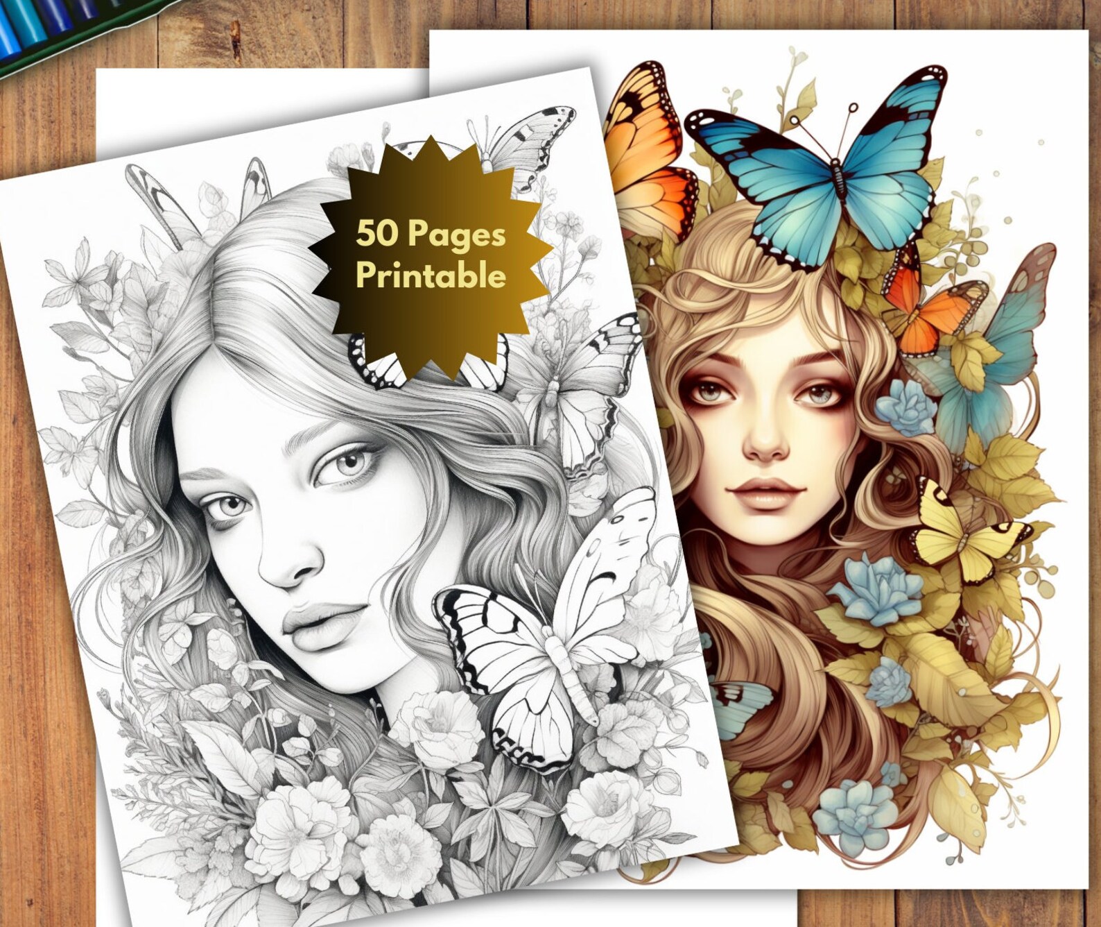 50 Printable Grayscale Butterflies Women Coloring Pages, Relaxing ...