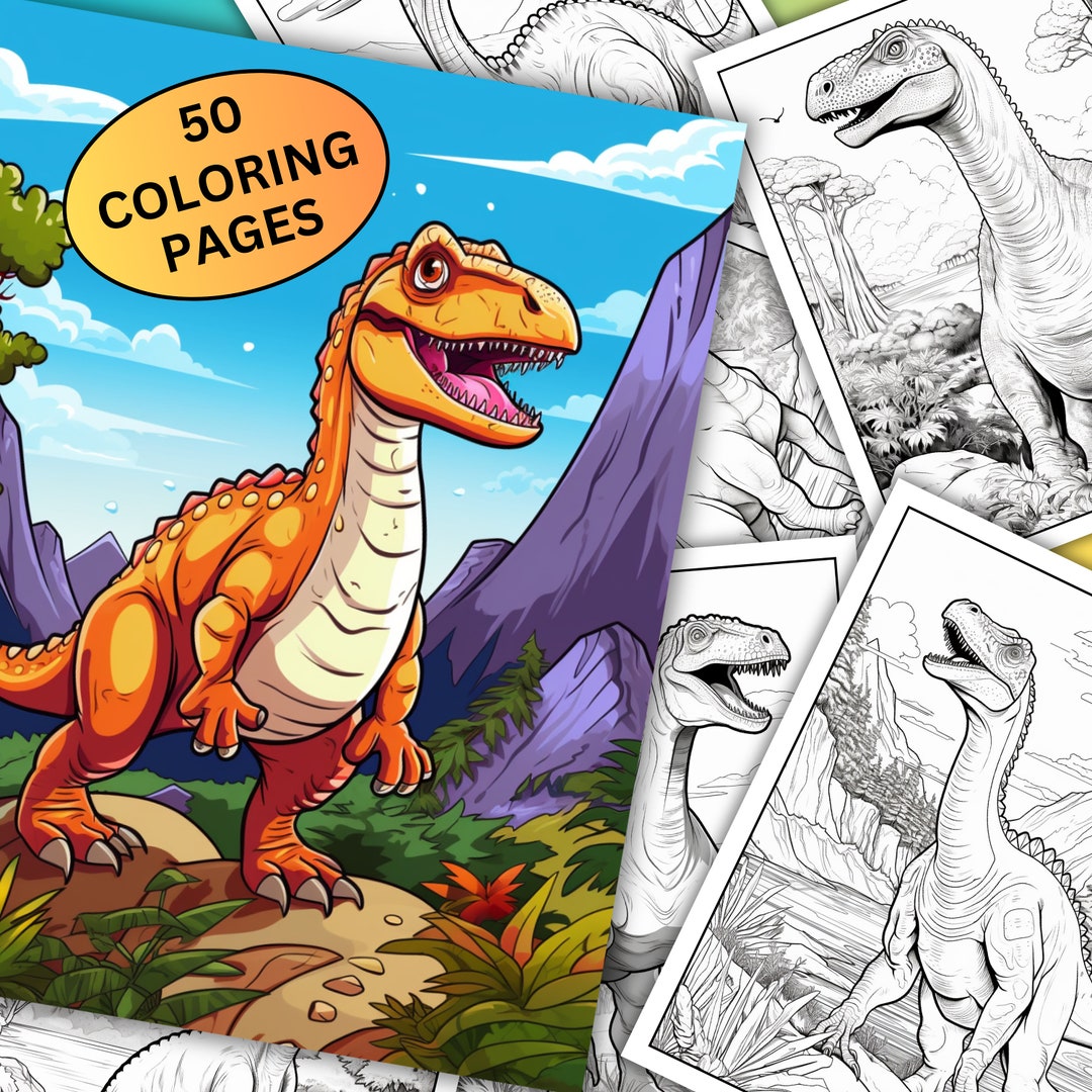 50 Printable Dinosaur Coloring Pages, Grayscale Coloring Book ...