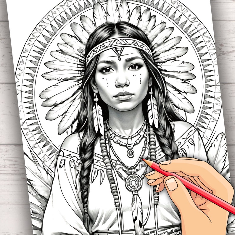 37 Native American Woman Coloring Pages, Printable Grayscale Portraits ...