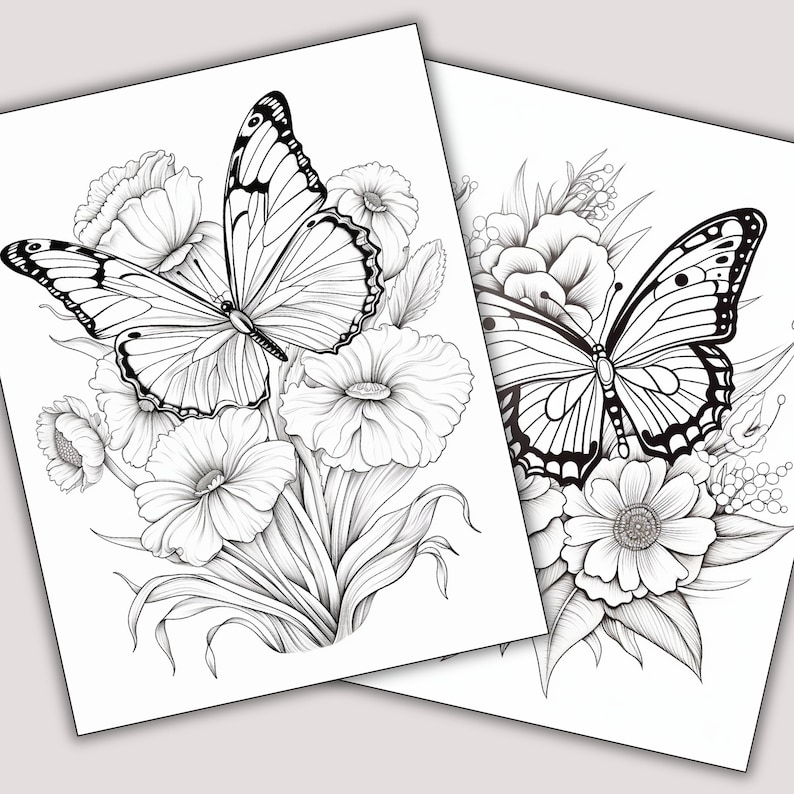 50 Grayscale Butterfly Coloring Pages, Printable Blooming Coloring Book ...