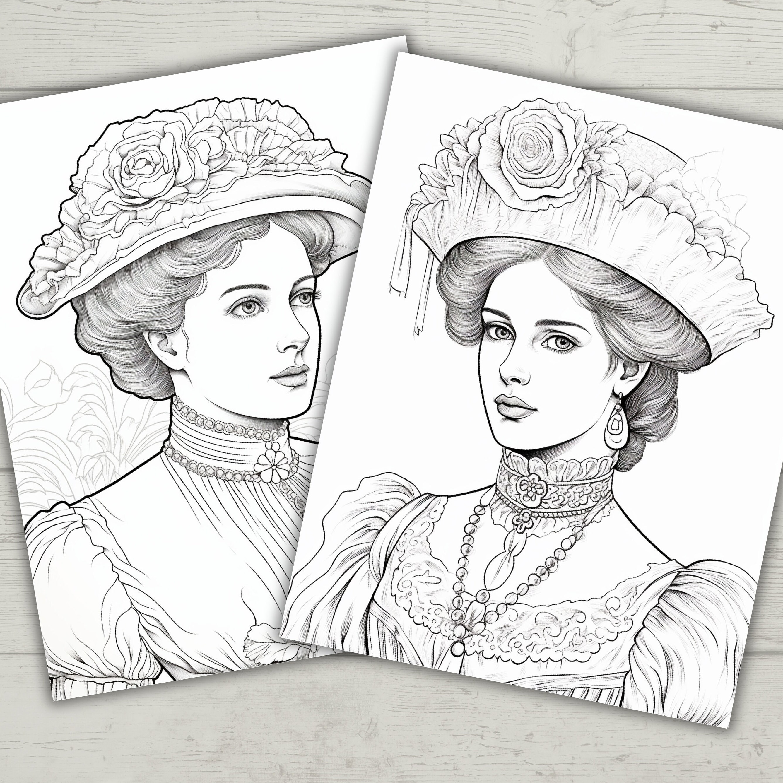 50 Grayscale Victorian Women Coloring Pages, Printable Floral Adult ...