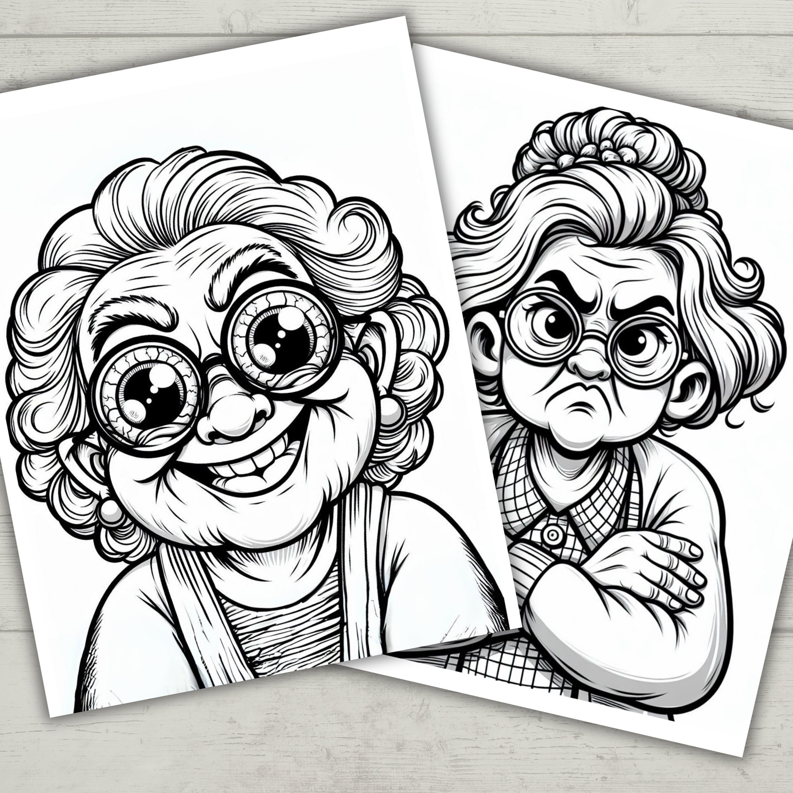 70 Grayscale Crazy Granny's Coloring Pages, Printable Crazy Grandma ...