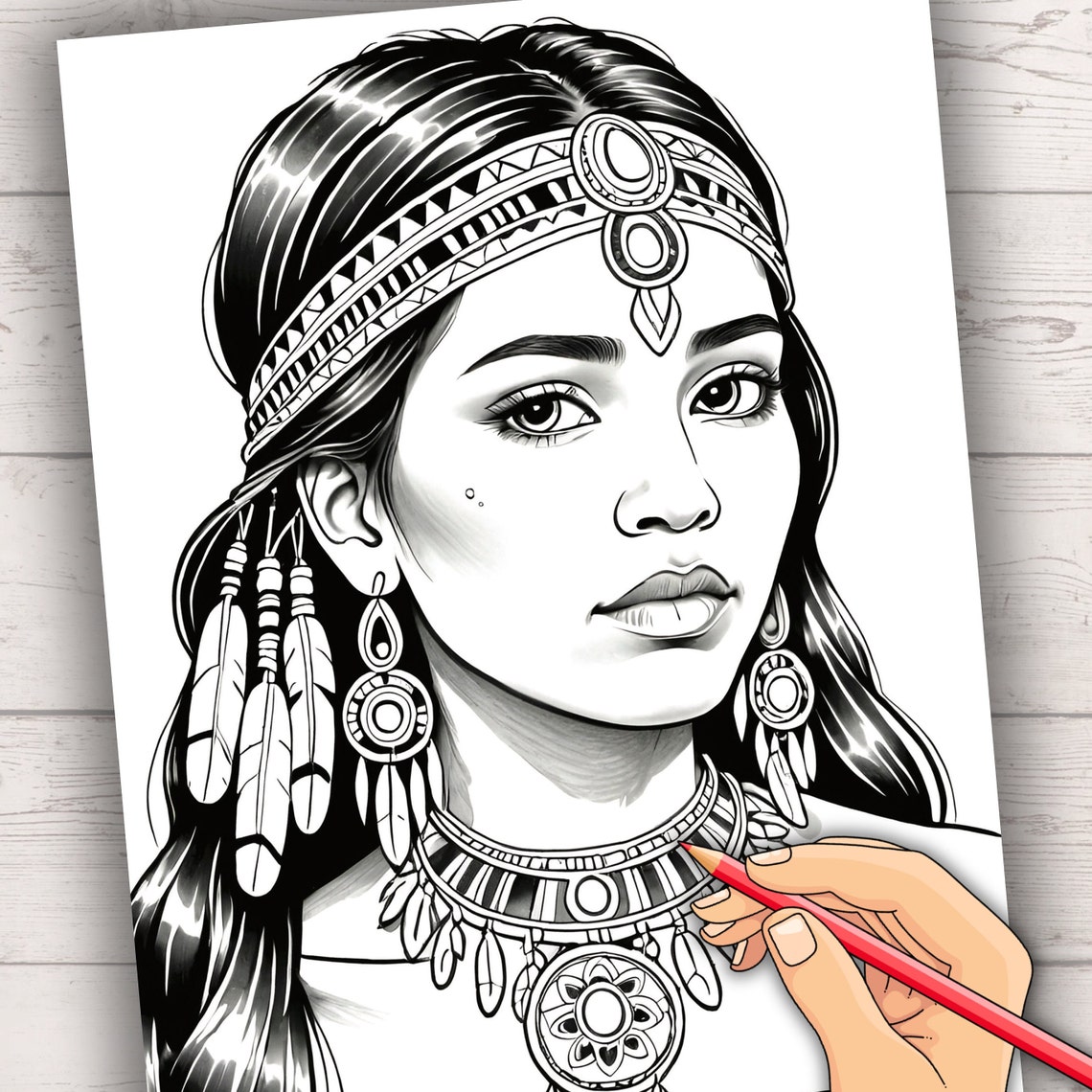 37 Native American Woman Coloring Pages, Printable Grayscale Portraits ...