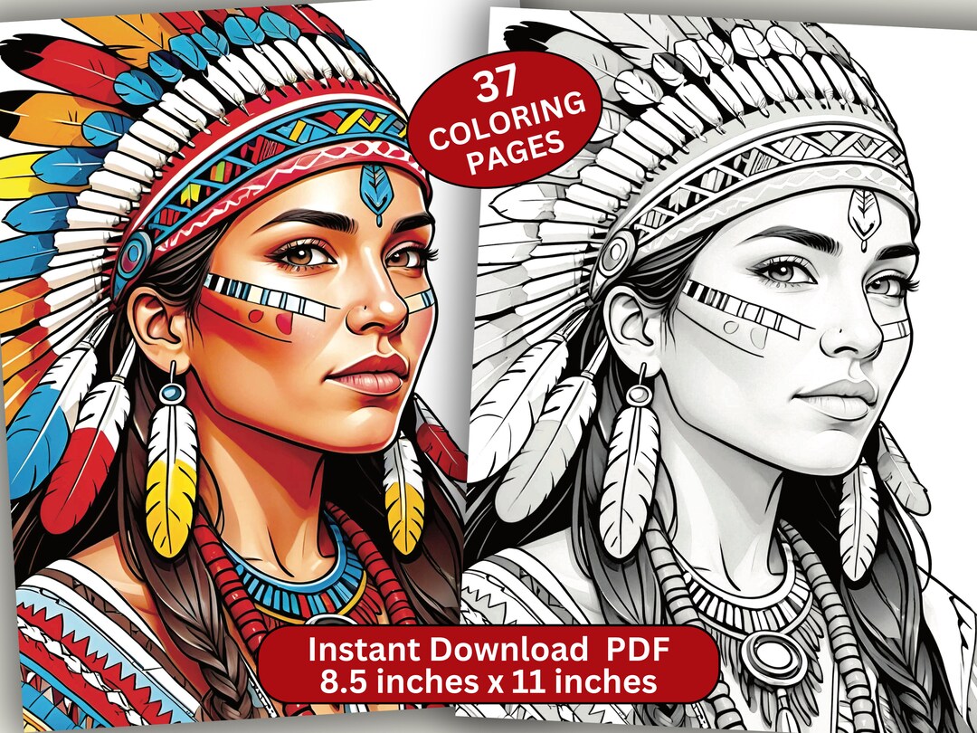 37 Native American Woman Coloring Pages, Printable Grayscale Portraits ...