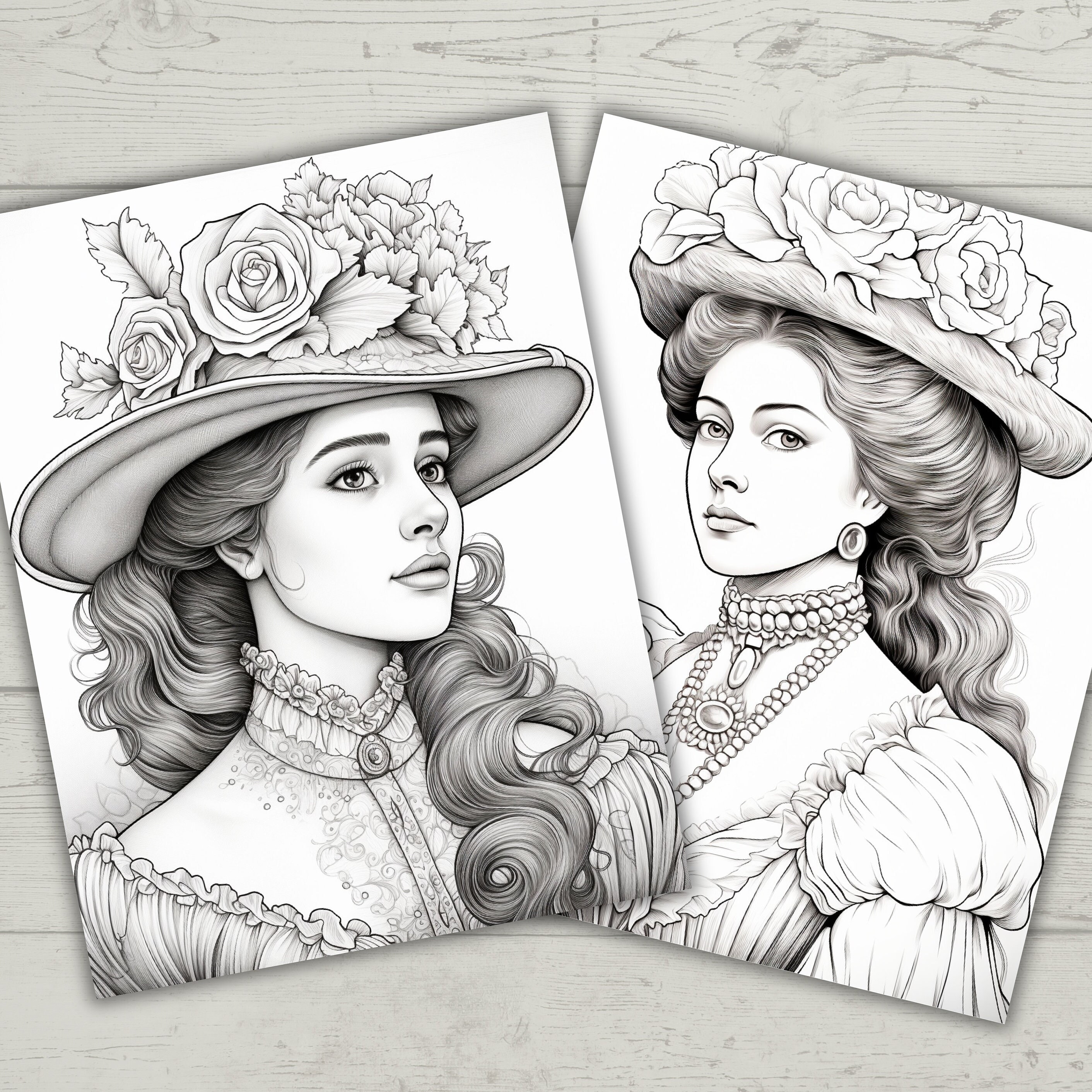 50 Grayscale Victorian Women Coloring Pages, Printable Floral Adult ...