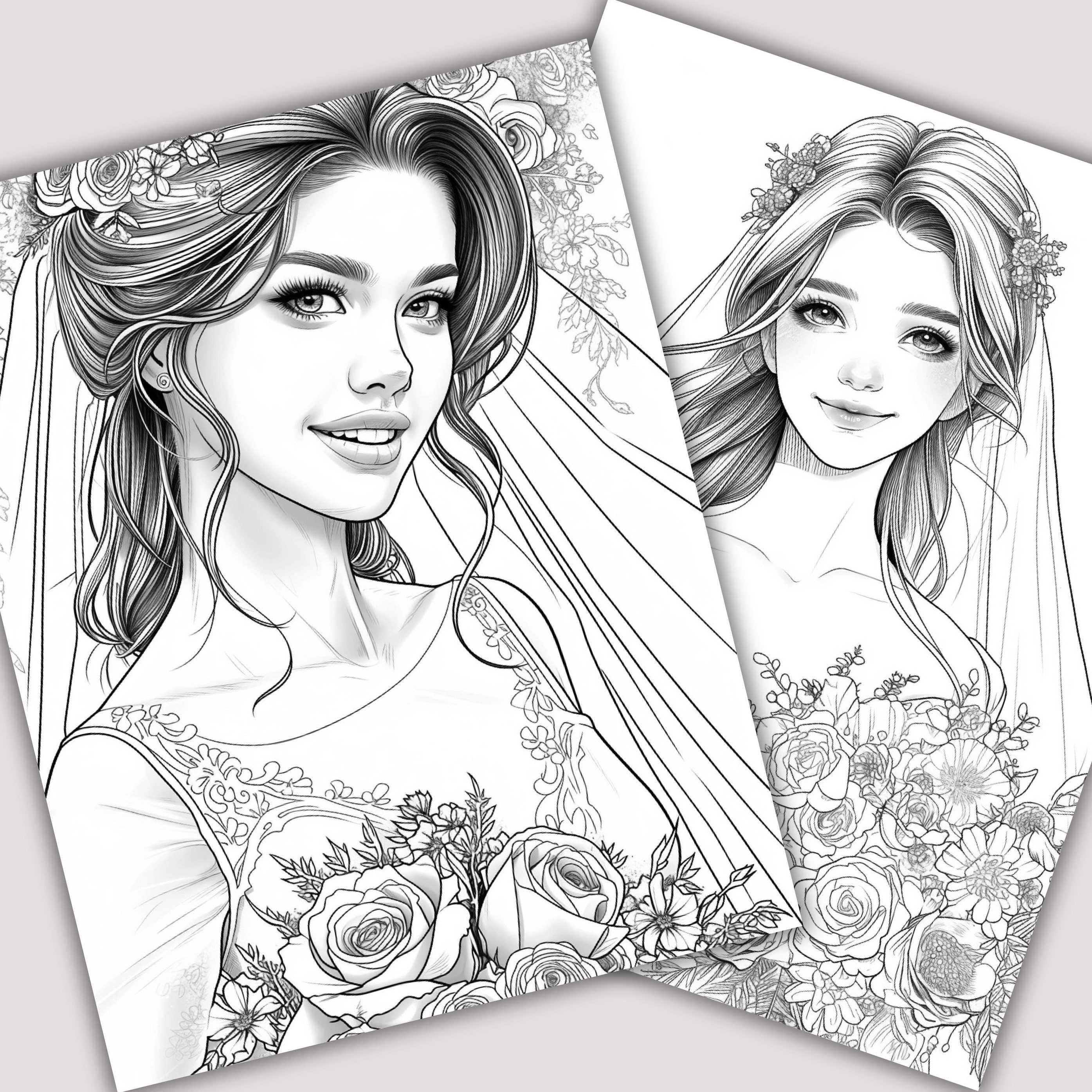 40 Grayscale Bride Coloring Pages, Printables Wedding Coloring Book ...