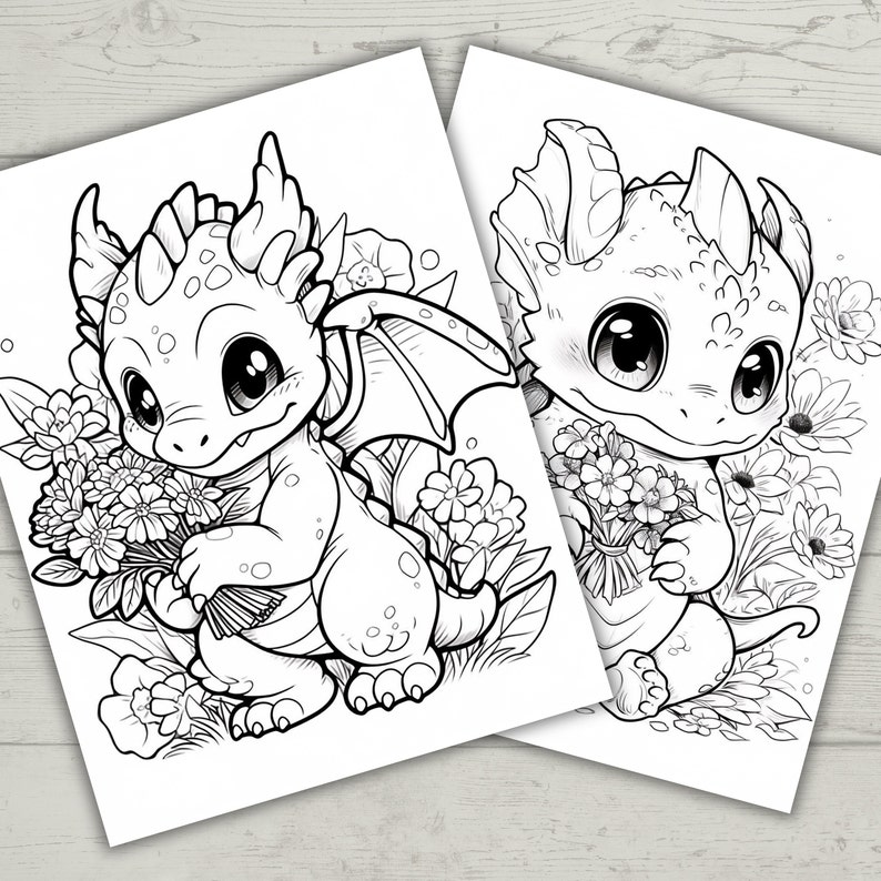 50 Cute Baby Dragon Coloring Pages, Grayscale Dragon Coloring Book ...