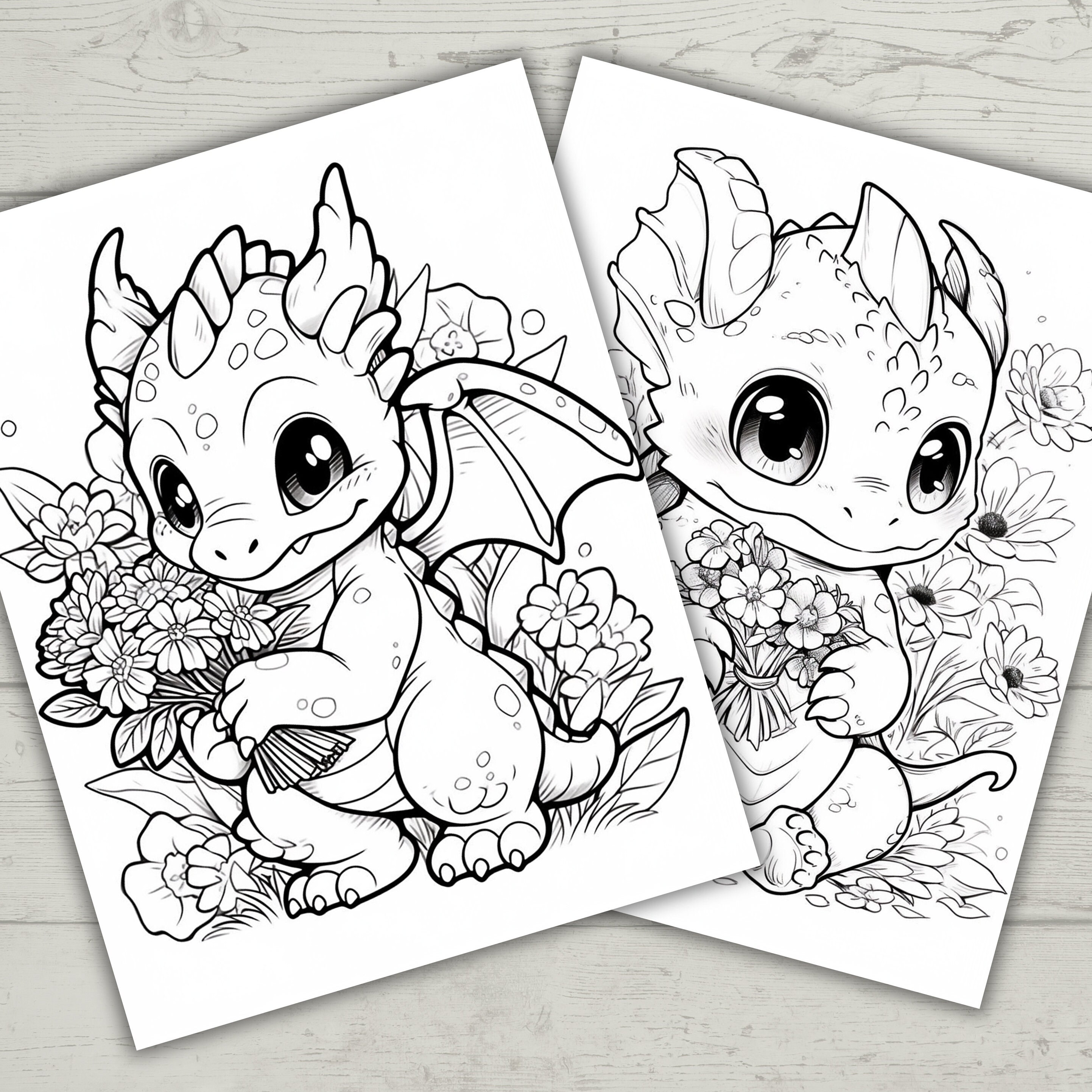 50 Cute Baby Dragon Coloring Pages, Grayscale Dragon Coloring Book ...