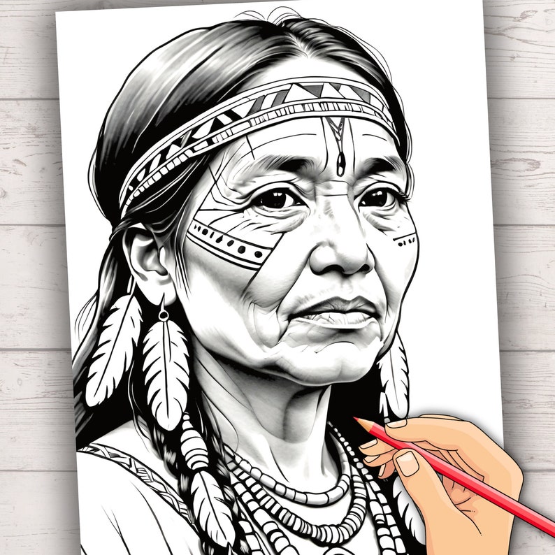 37 Native American Woman Coloring Pages, Printable Grayscale Portraits ...