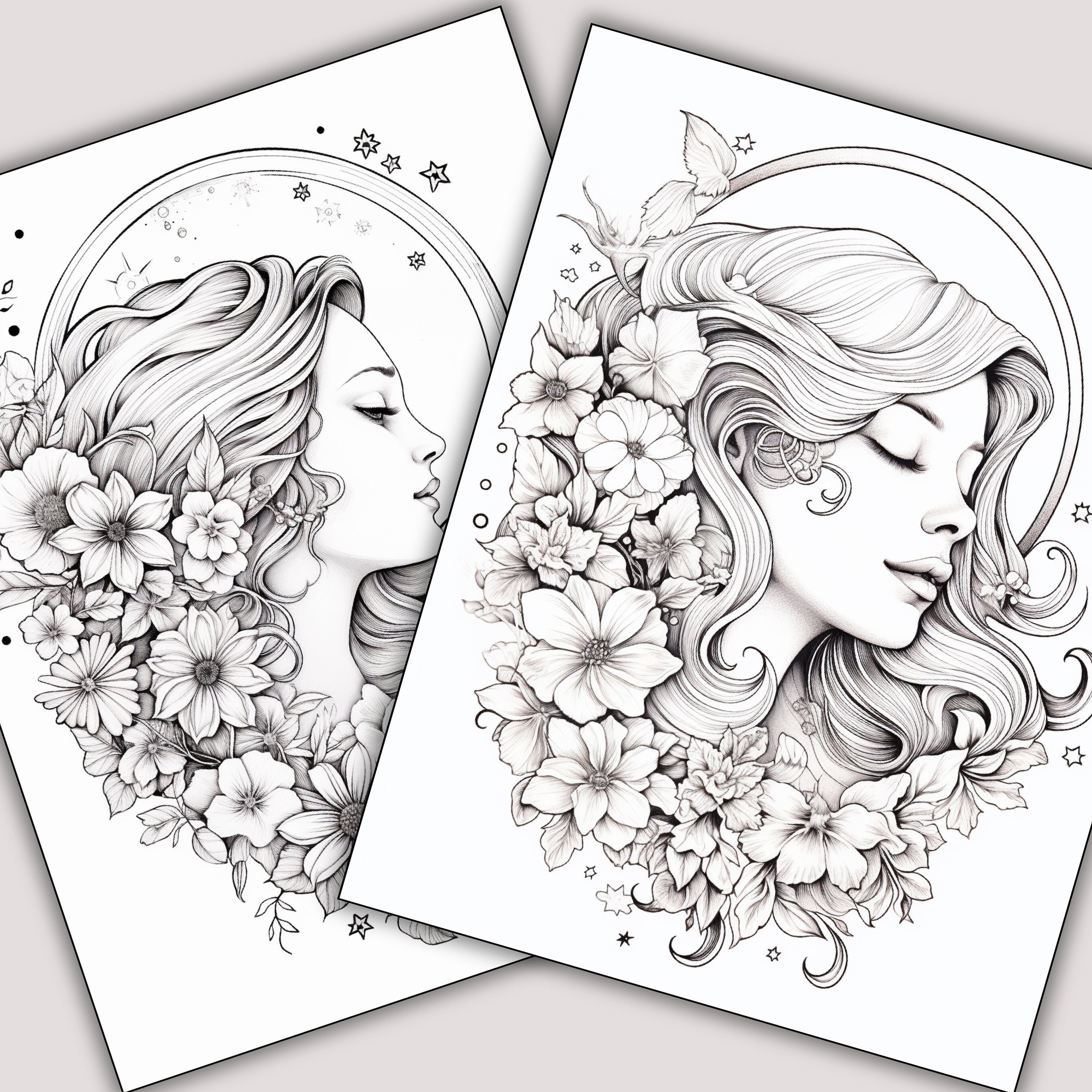 40 Grayscale Moon Fairy Coloring Pages, Printable Fantasy Coloring Book ...
