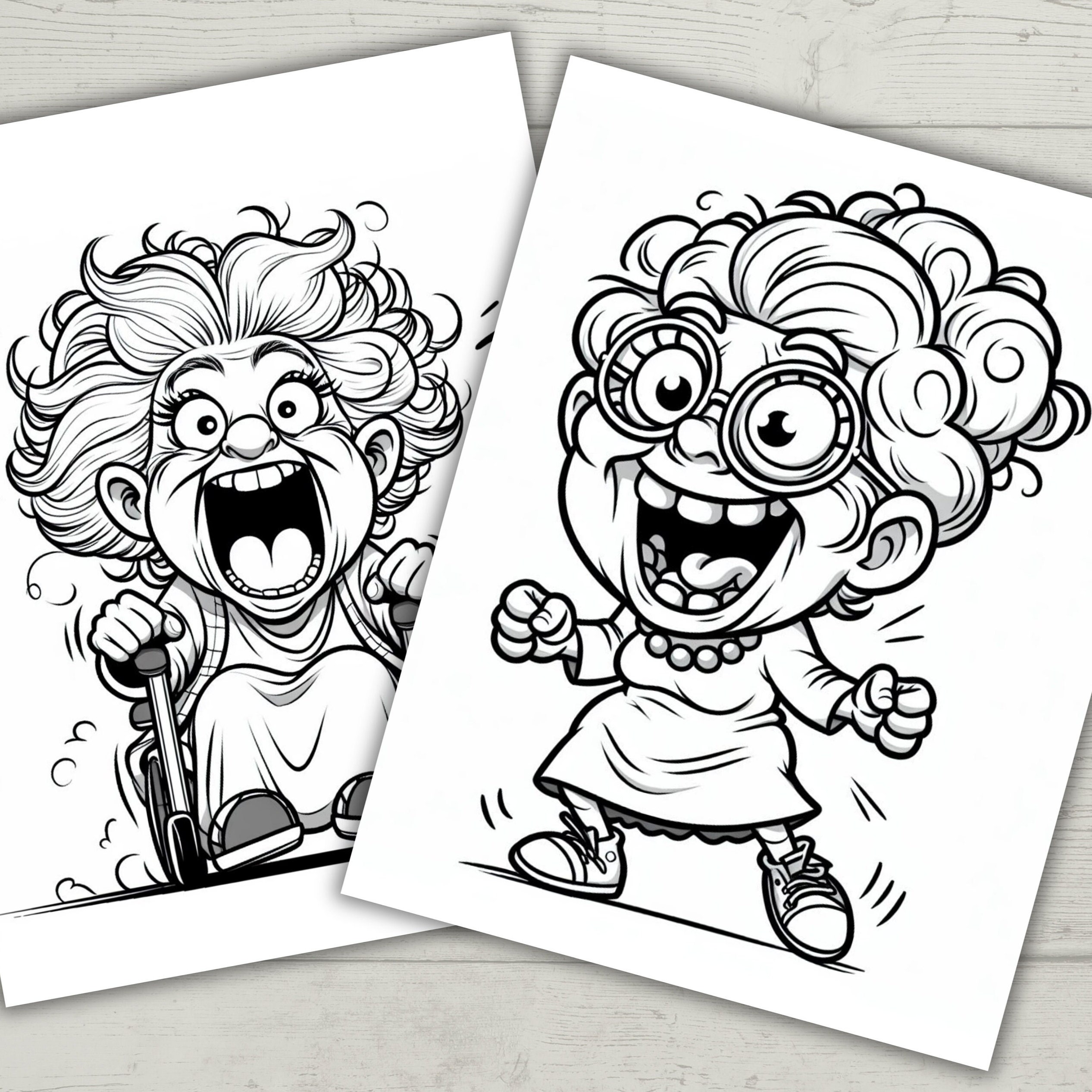 70 Grayscale Crazy Granny's Coloring Pages, Printable Crazy Grandma ...