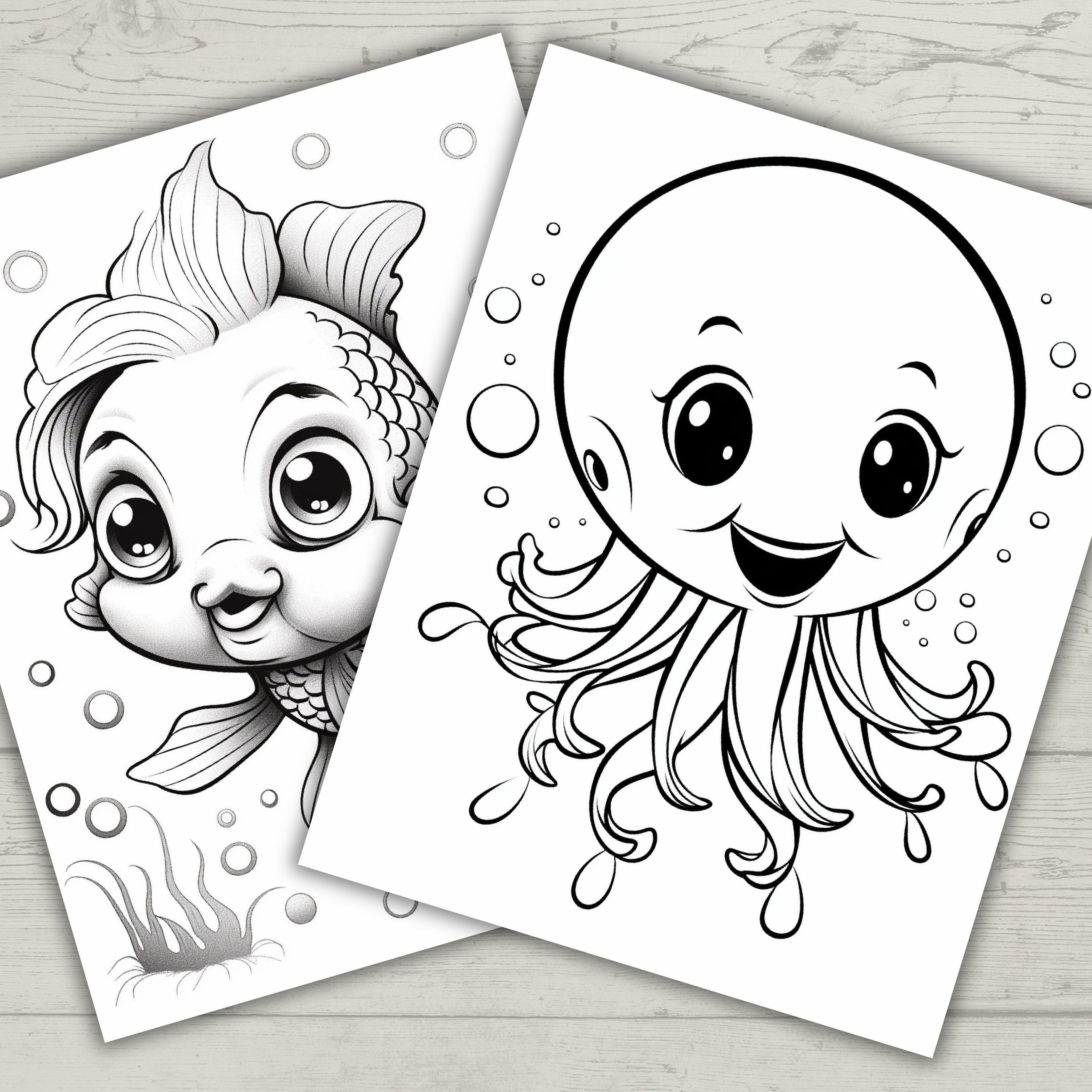 50 Grayscale Sea Animals Coloring Pages, Printable Under the Sea ...