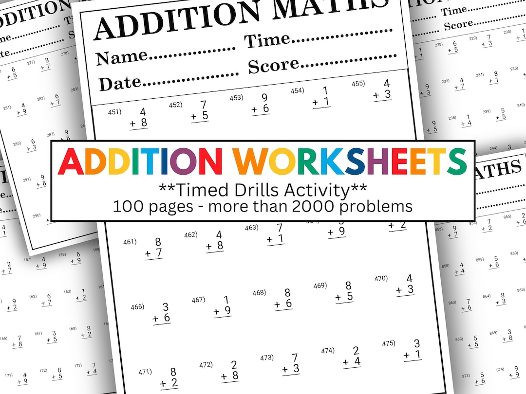 100 Pages Timed Addition Math Worksheet, Kindergarten 1st 2nd Grade ...