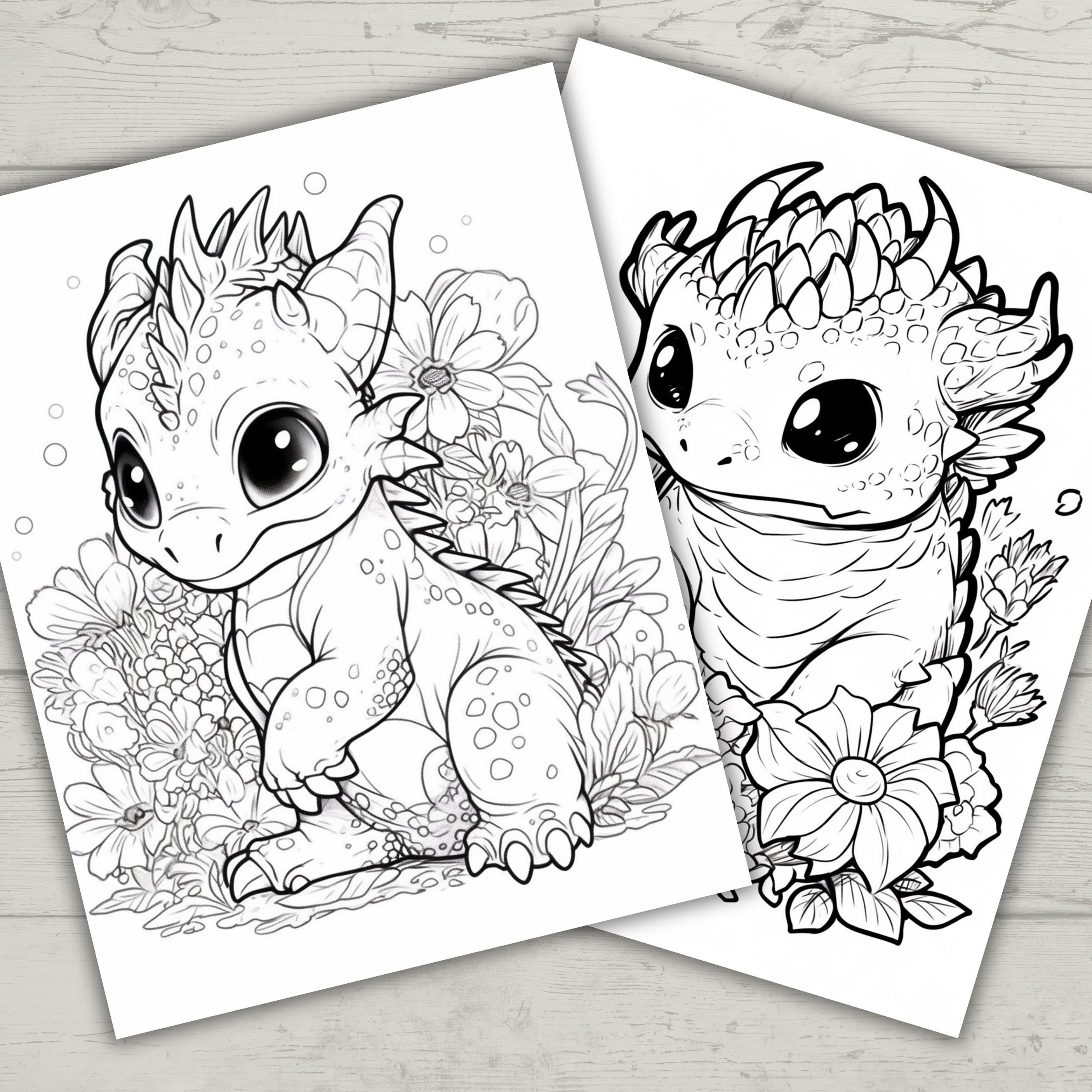 50 Cute Baby Dragon Coloring Pages, Grayscale Dragon Coloring Book ...