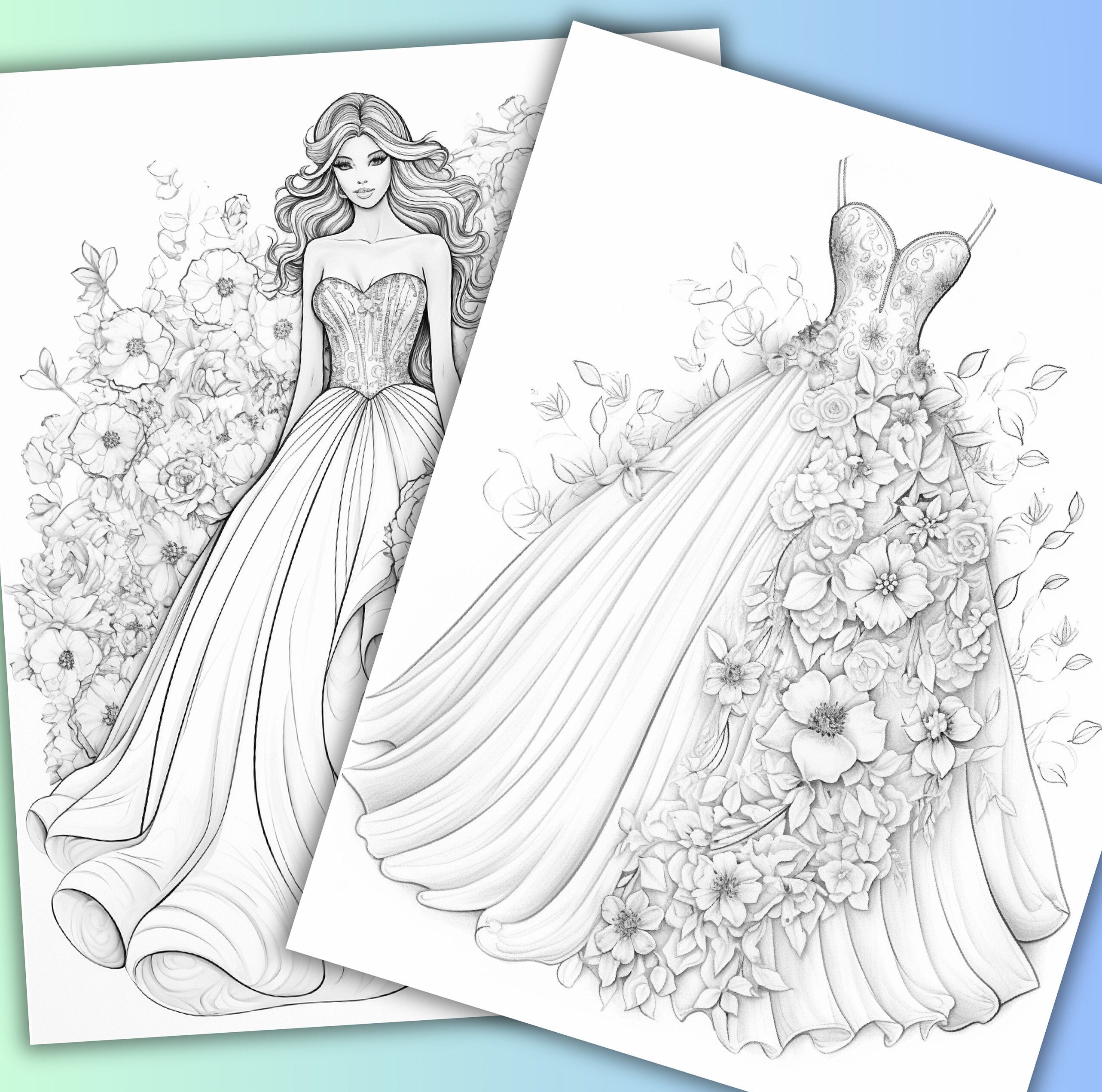 50 Floral Dresses Coloring Pages, Grayscale Formal Dresses Coloring ...