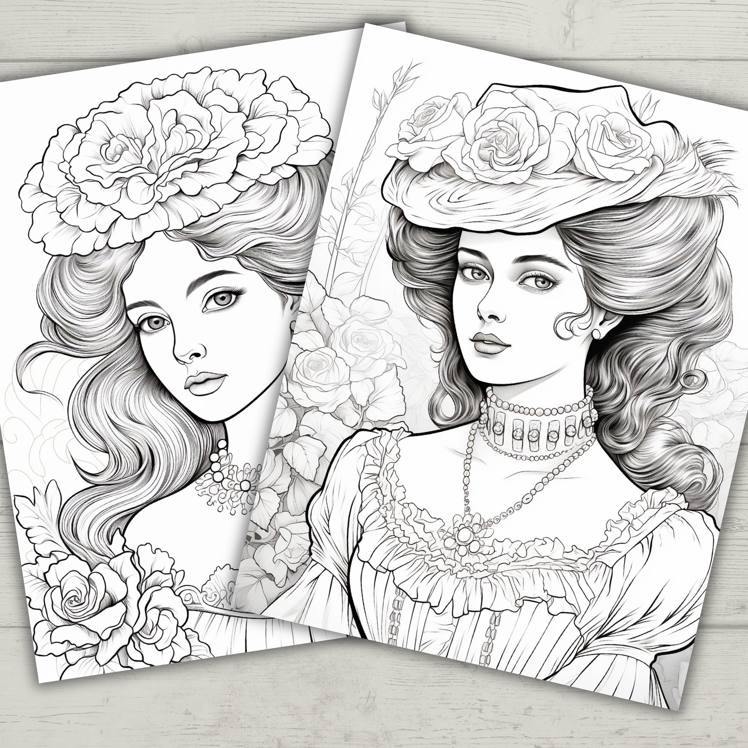 50 Grayscale Victorian Women Coloring Pages, Printable Floral Adult ...