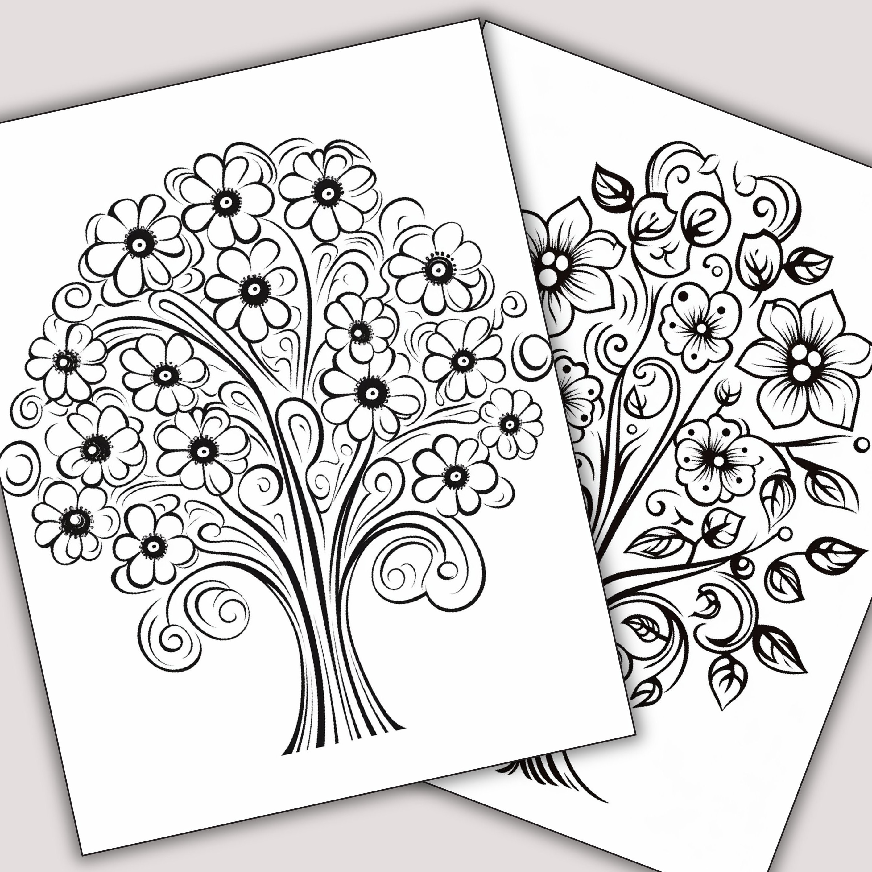 50 Floral Tree Coloring Pages, Printable Fantasy Tree, Grayscale ...