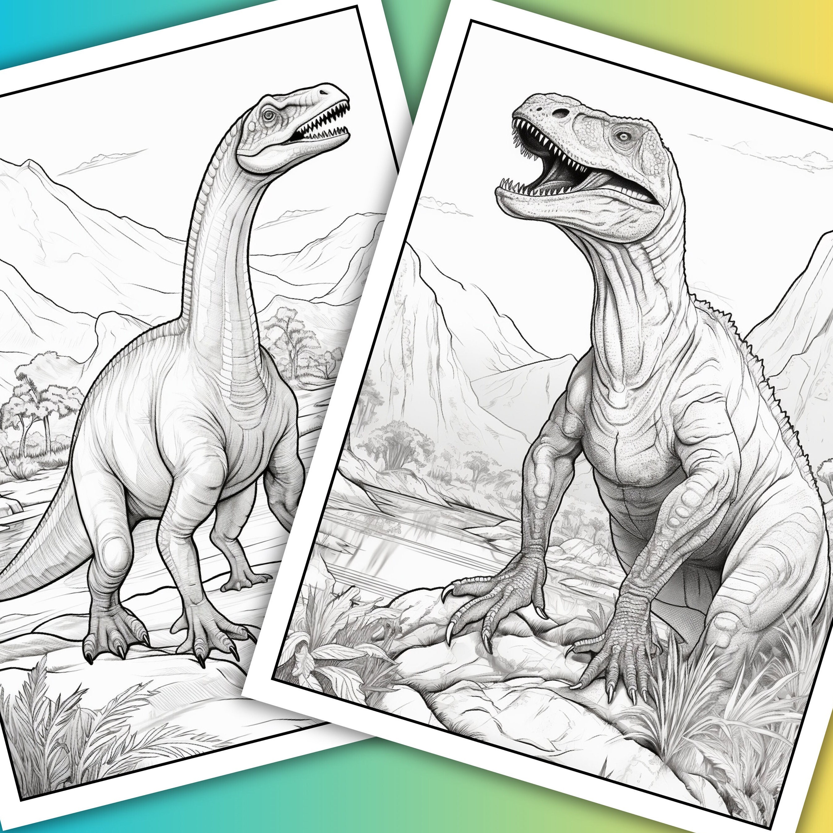 50 Printable Dinosaur Coloring Pages, Grayscale Coloring Book ...