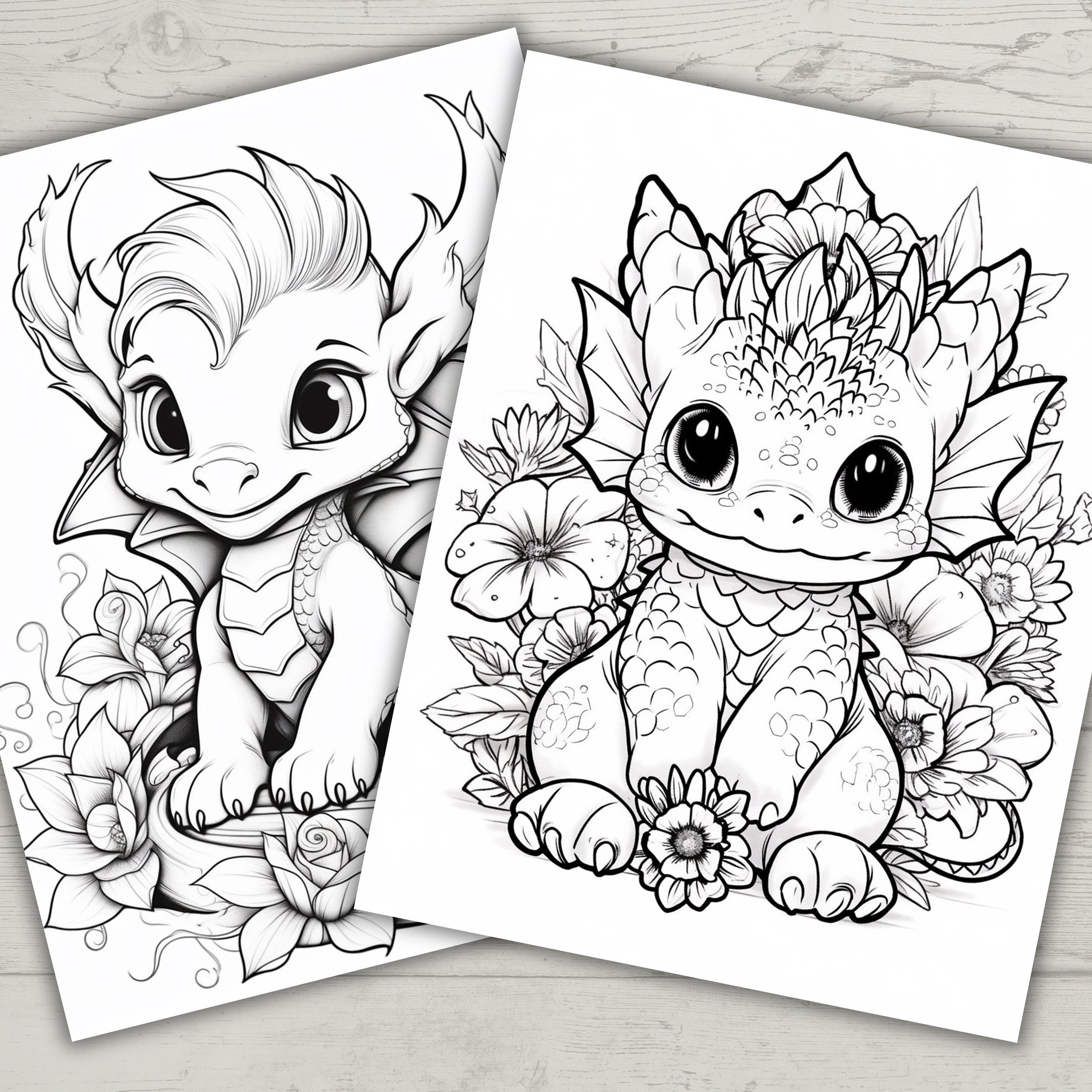 50 Cute Baby Dragon Coloring Pages, Grayscale Dragon Coloring Book ...