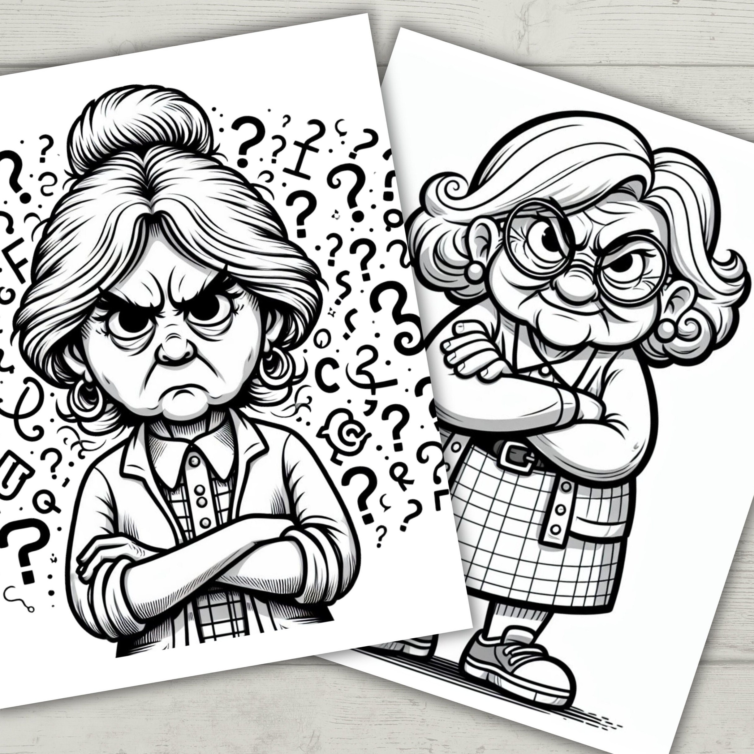 70 Grayscale Crazy Granny's Coloring Pages, Printable Crazy Grandma ...