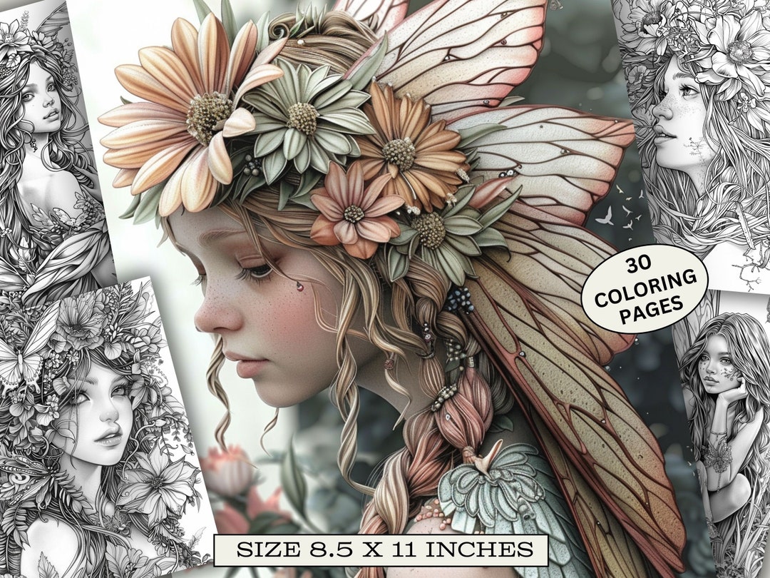 30 Grayscale Floral Fairy Coloring Pages, Printable Fantasy Coloring ...
