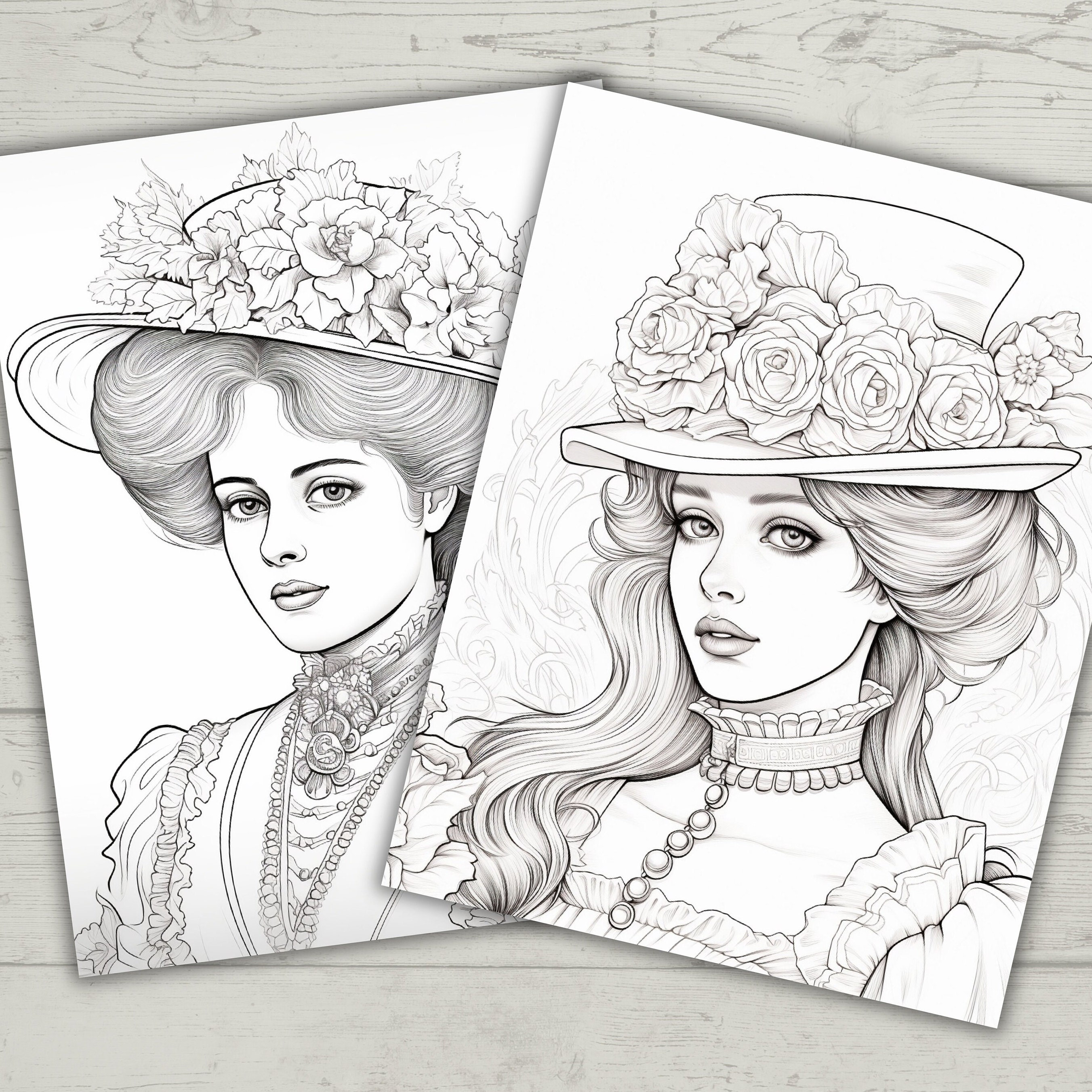 50 Grayscale Victorian Women Coloring Pages, Printable Floral Adult ...