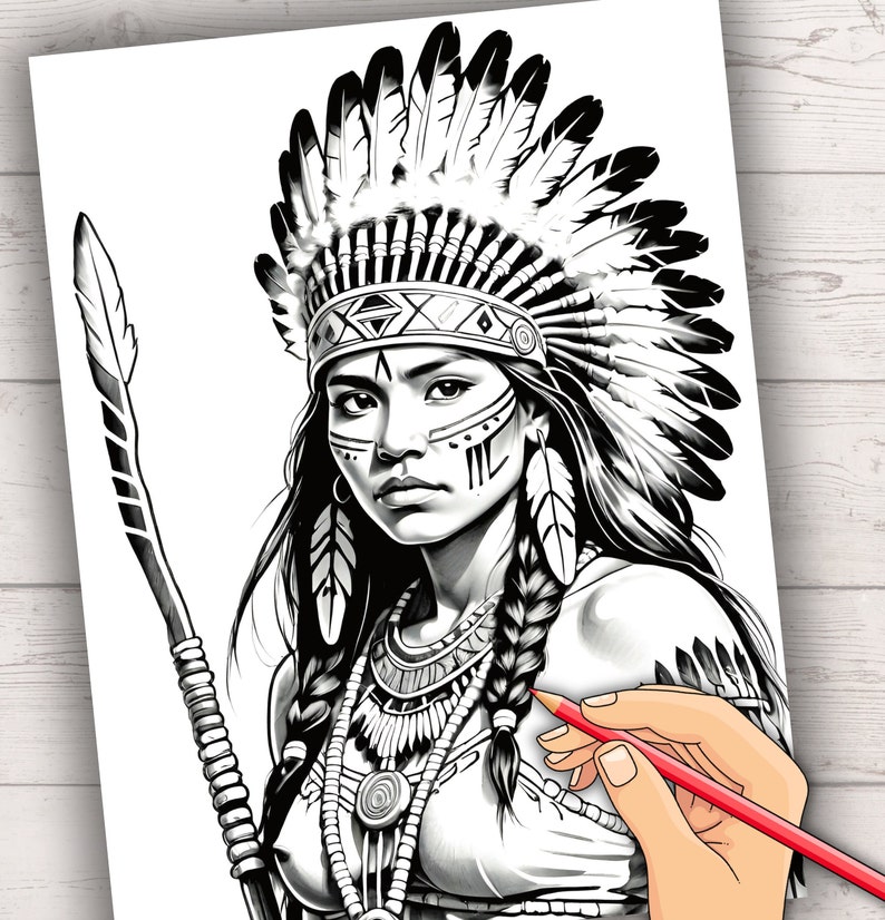 37 Native American Woman Coloring Pages, Printable Grayscale Portraits ...