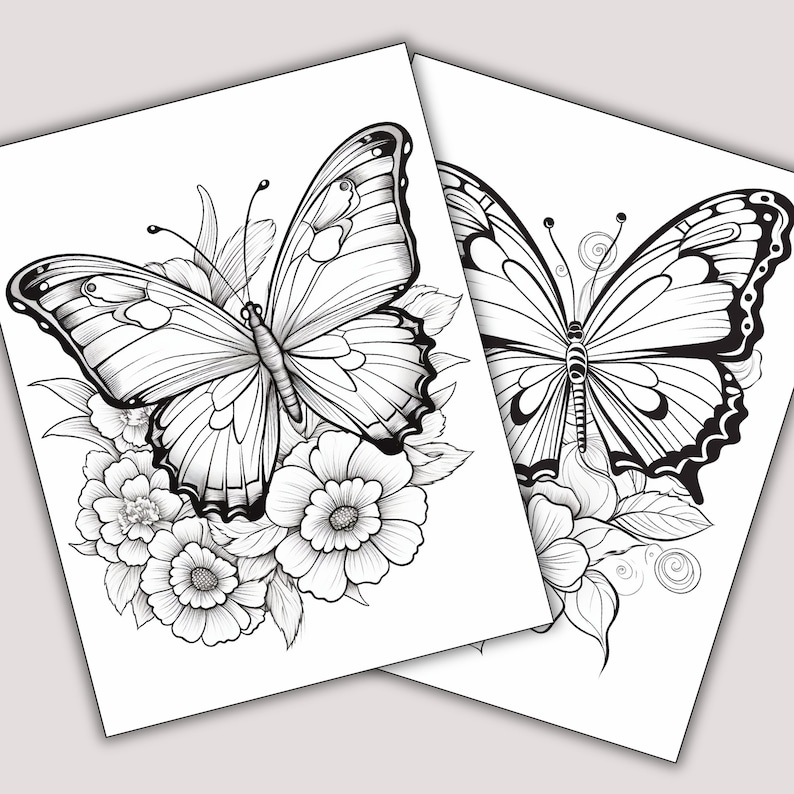 50 Grayscale Butterfly Coloring Pages, Printable Blooming Coloring Book ...