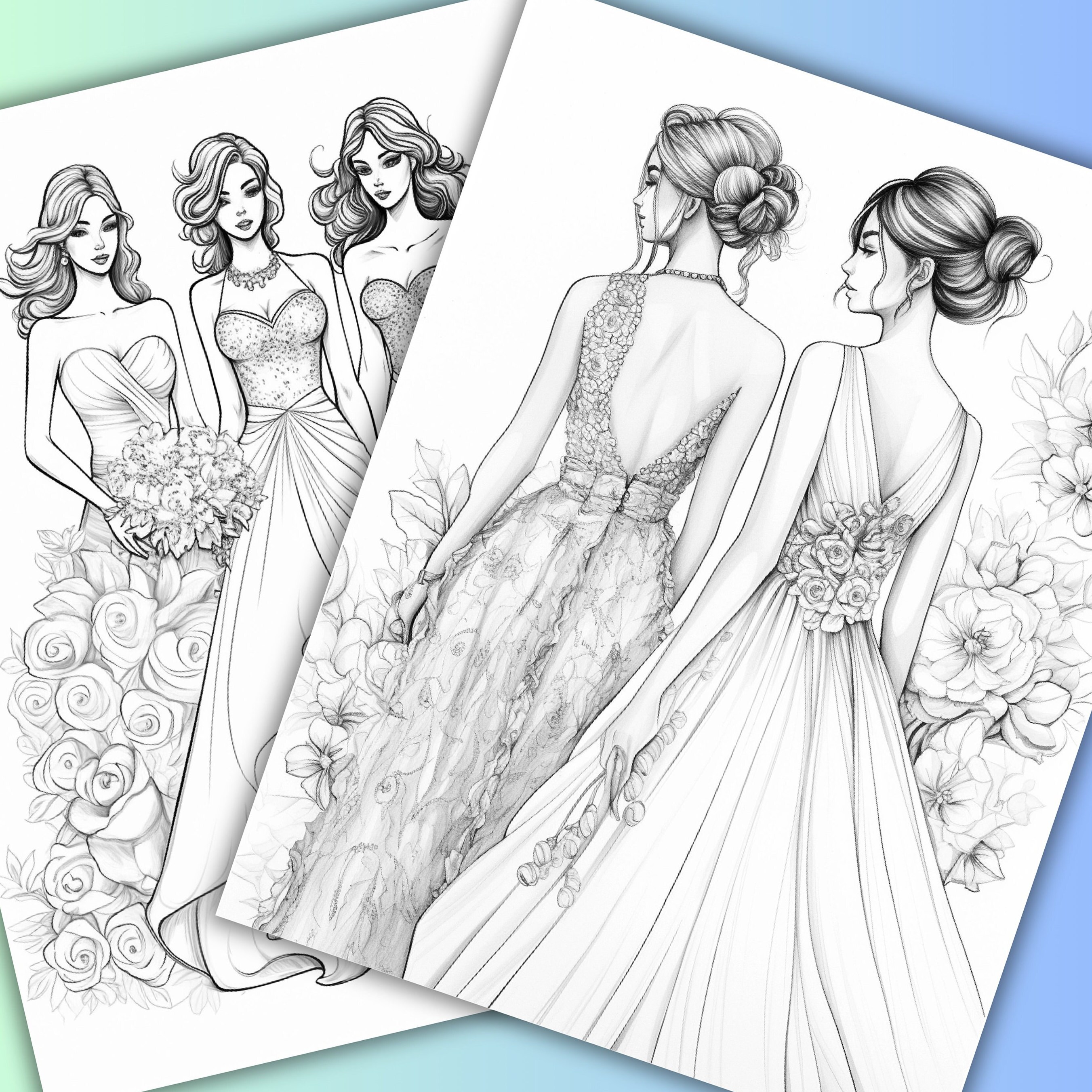 50 Floral Dresses Coloring Pages, Grayscale Formal Dresses Coloring ...