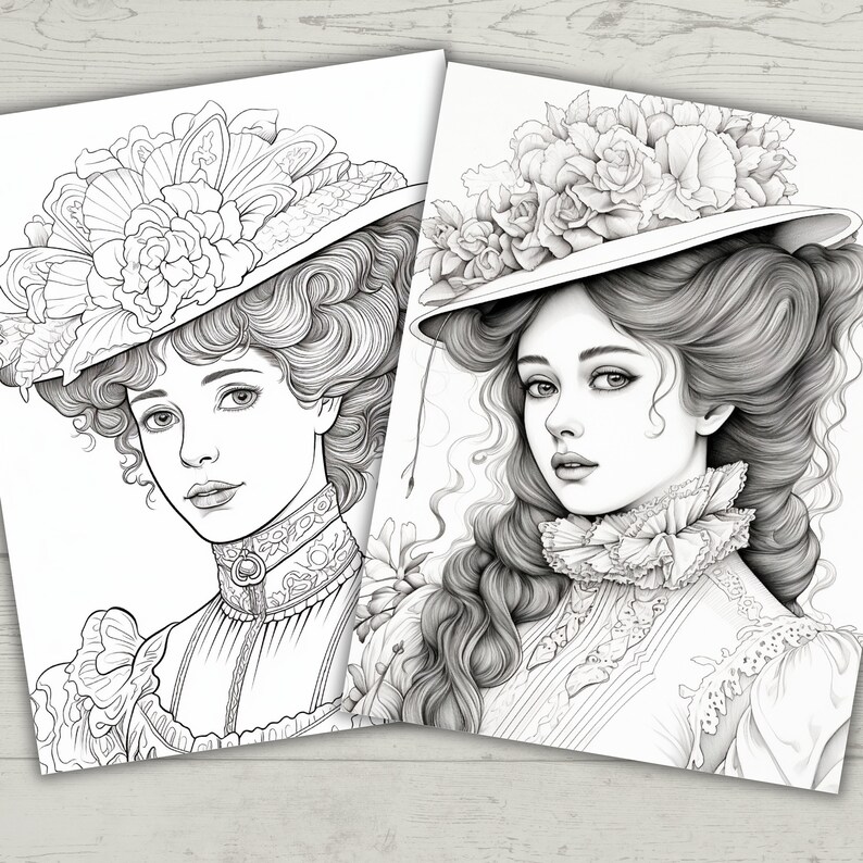 50 Grayscale Victorian Women Coloring Pages, Printable Floral Adult ...