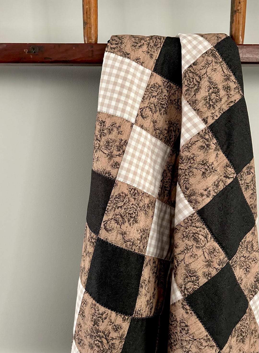 High Contrast Neutral and Rustic Floral and Plaid Accent or Lap Quilt ...