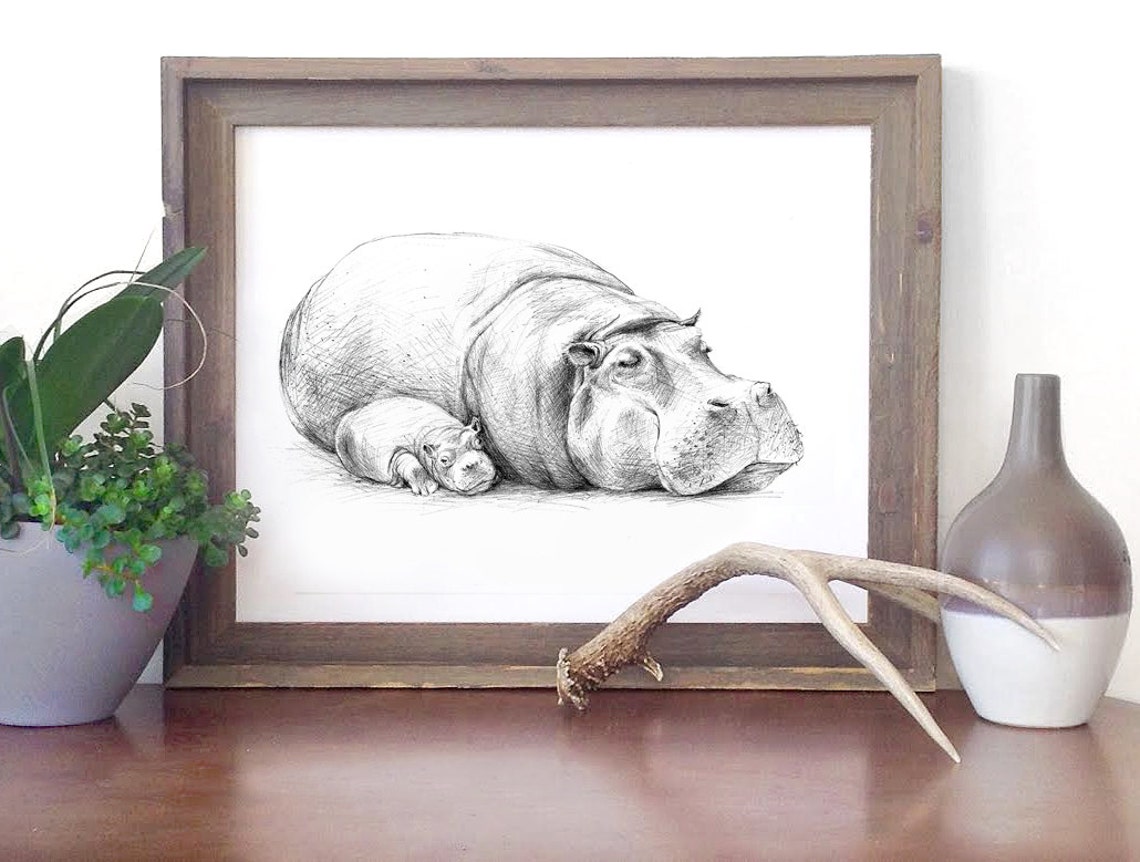 Hippo Pen and Ink - Nursery Series - Etsy