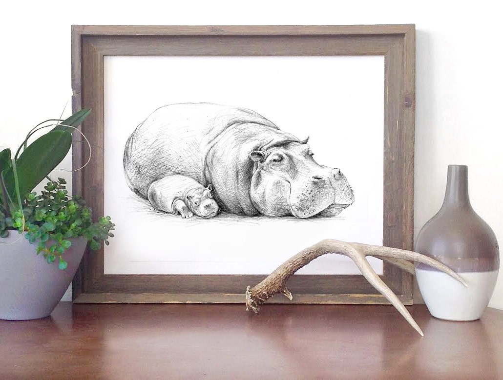 Hippo Pen and Ink Nursery Series - Etsy