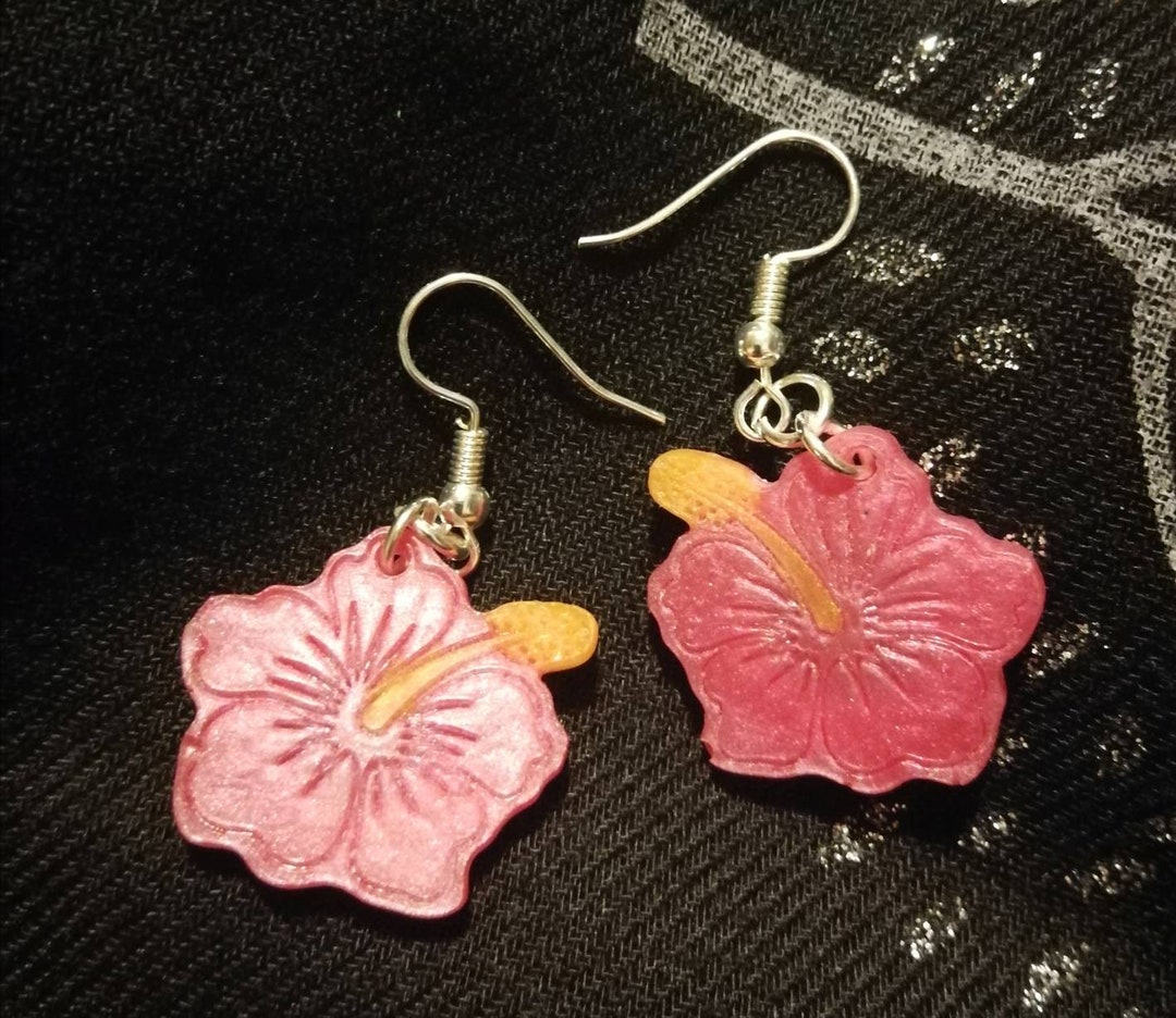 Tropical Hibiscus Flower Resin Drop Earrings - Etsy