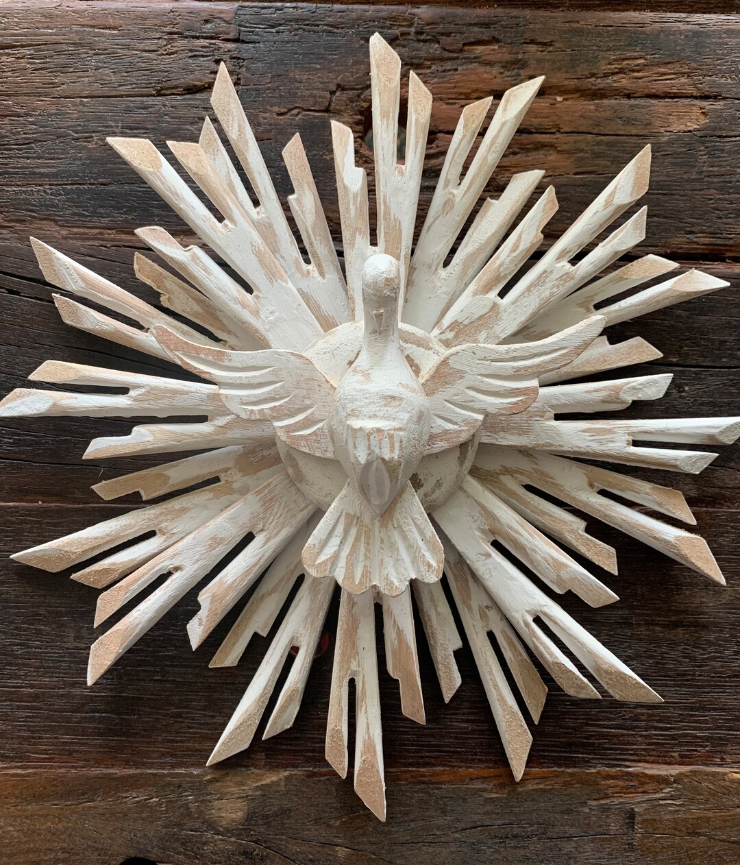 Hand Carved Wooden Dove Wall Plaque Holy Spirit Trinity Art 11 Inches ...