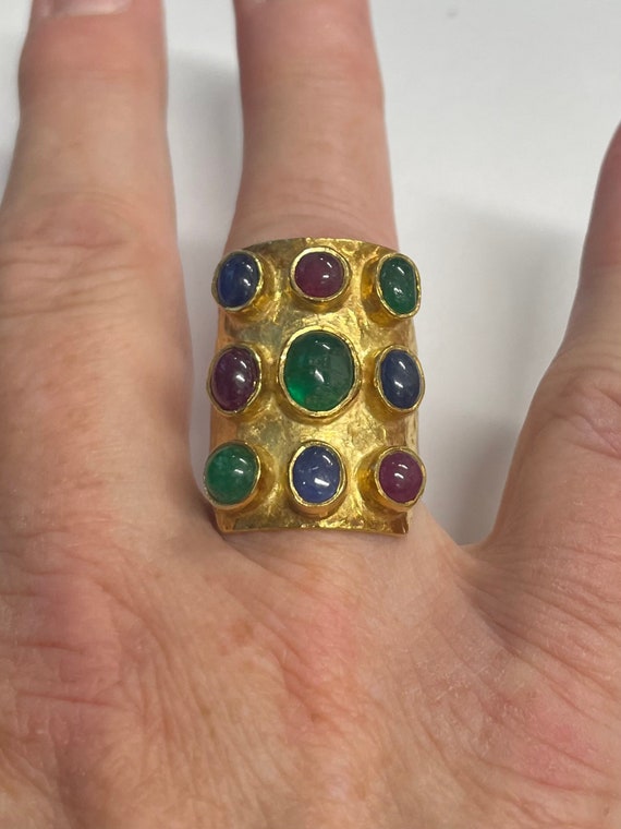 18K gold ring by Ed Wiener with cabochon emeralds, ru… - Gem