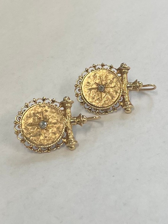 14K florentine finish drop earrings with diamond - Gem