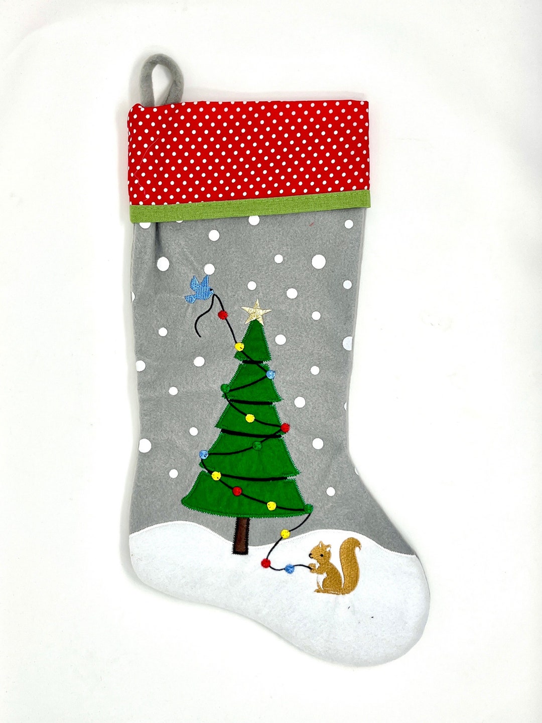 Personalized Christmas Stocking Appliqué Tree & Squirrel, Embroidered ...