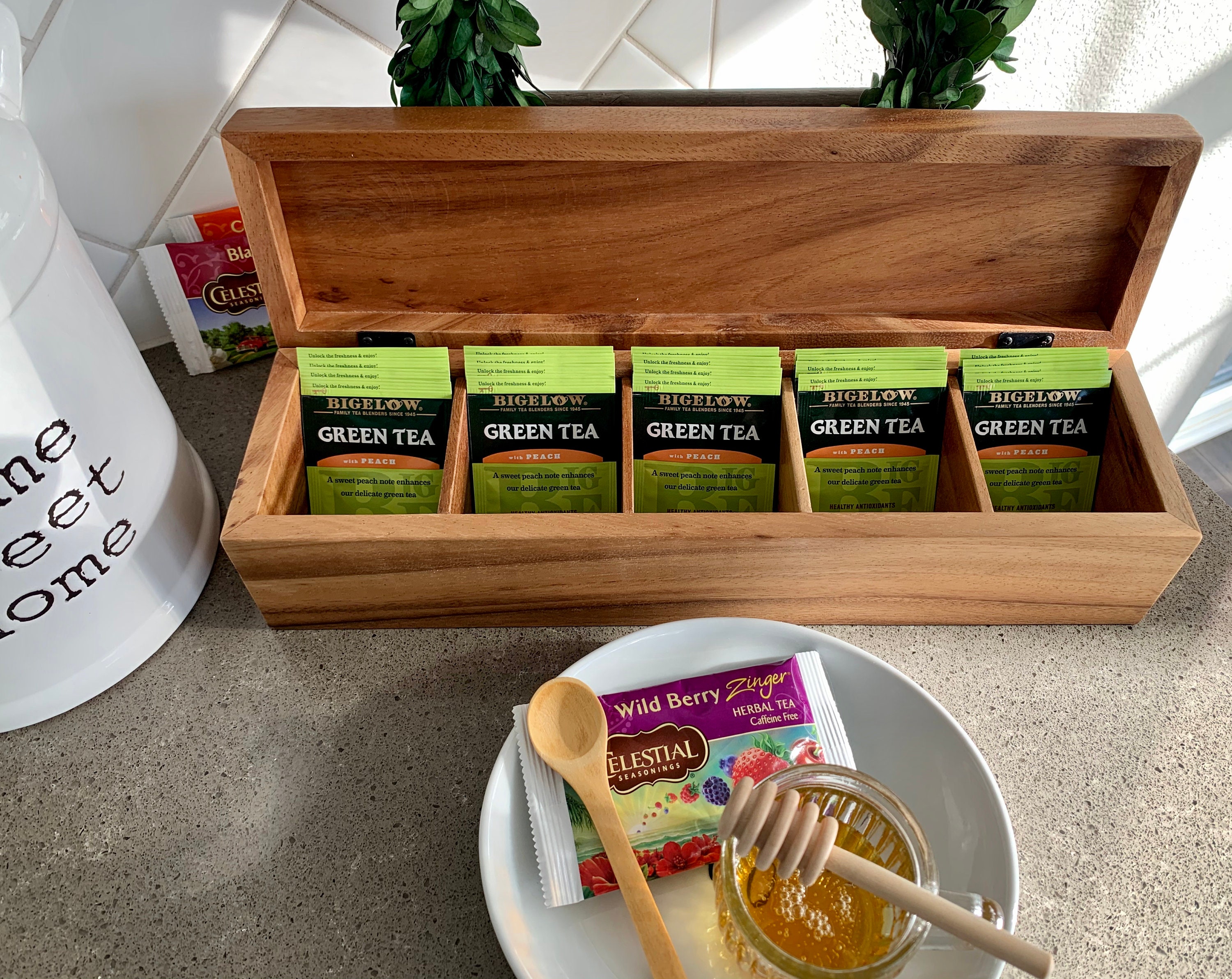 Personalized Acacia Wood Tea Organizer, Laser Engraved, 5 Compartment ...