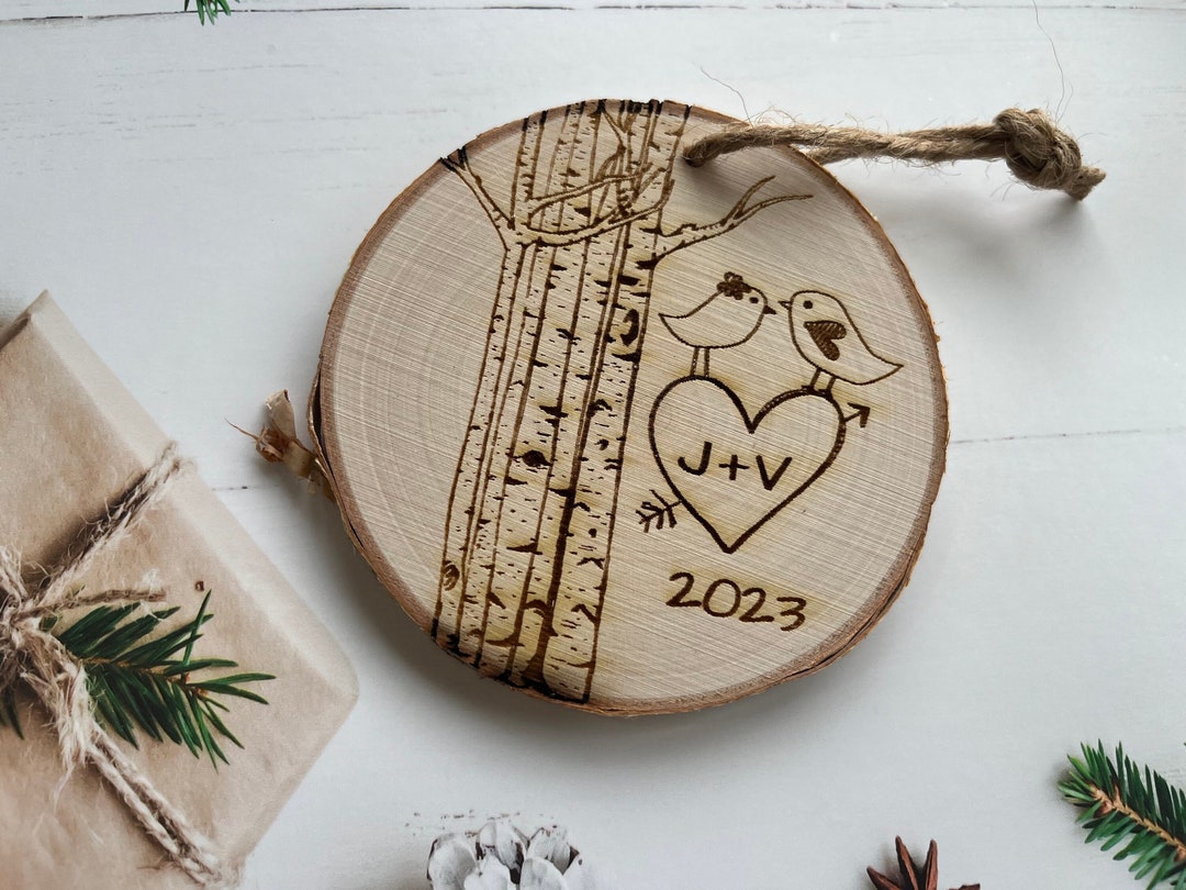 Personalized Love Birds Wood Slice Ornament, Tree Heart, Couples Gift ...