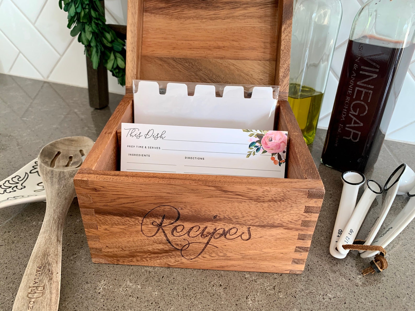 Acacia Wood Recipe Box: Personalized Engraved Gift, 4x6 Card Organizer ...